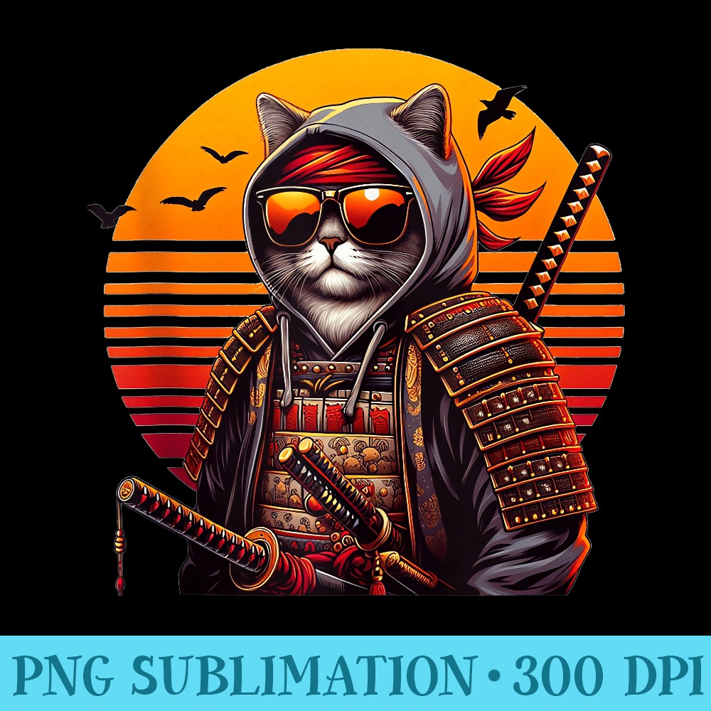 Japanese Retro Samurai Cat Tattoo Ninja Kawaii Graphic - PNG | Inspire ...