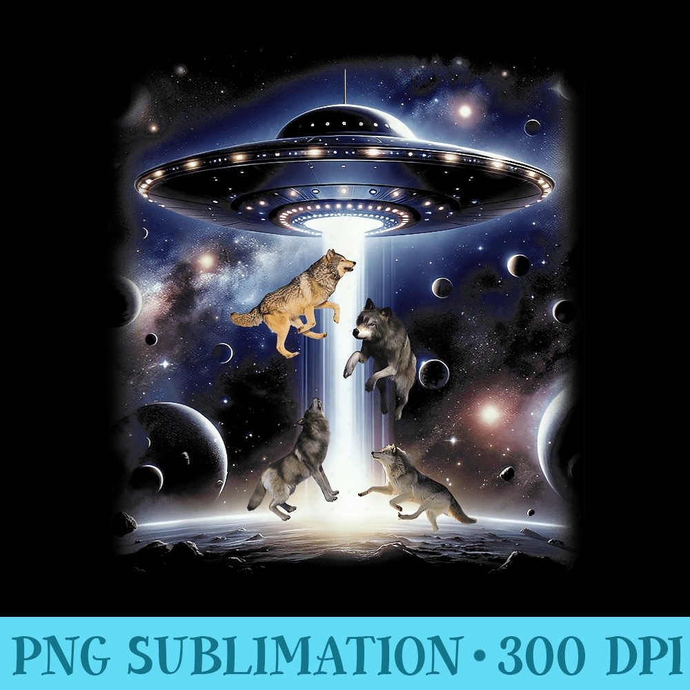 Four Wolf With UFO Funny Wolves UFOs Alien Wolf Howling Moon | Inspire ...