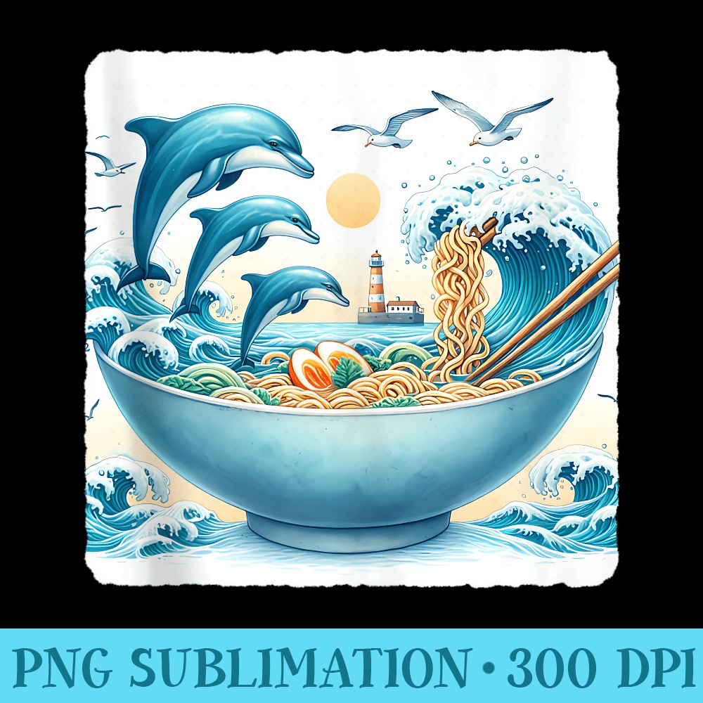 Ramen Noodles As Sea Waves With Dolphins. Broth Lighthouse - | Inspire Uplift