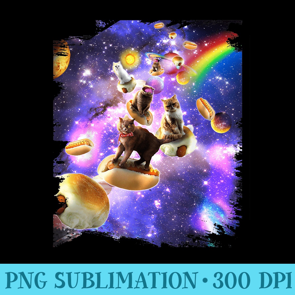 Space Cats Riding Hot Dogs Cat In Rainbow Galaxy - Shirt Art | Inspire ...