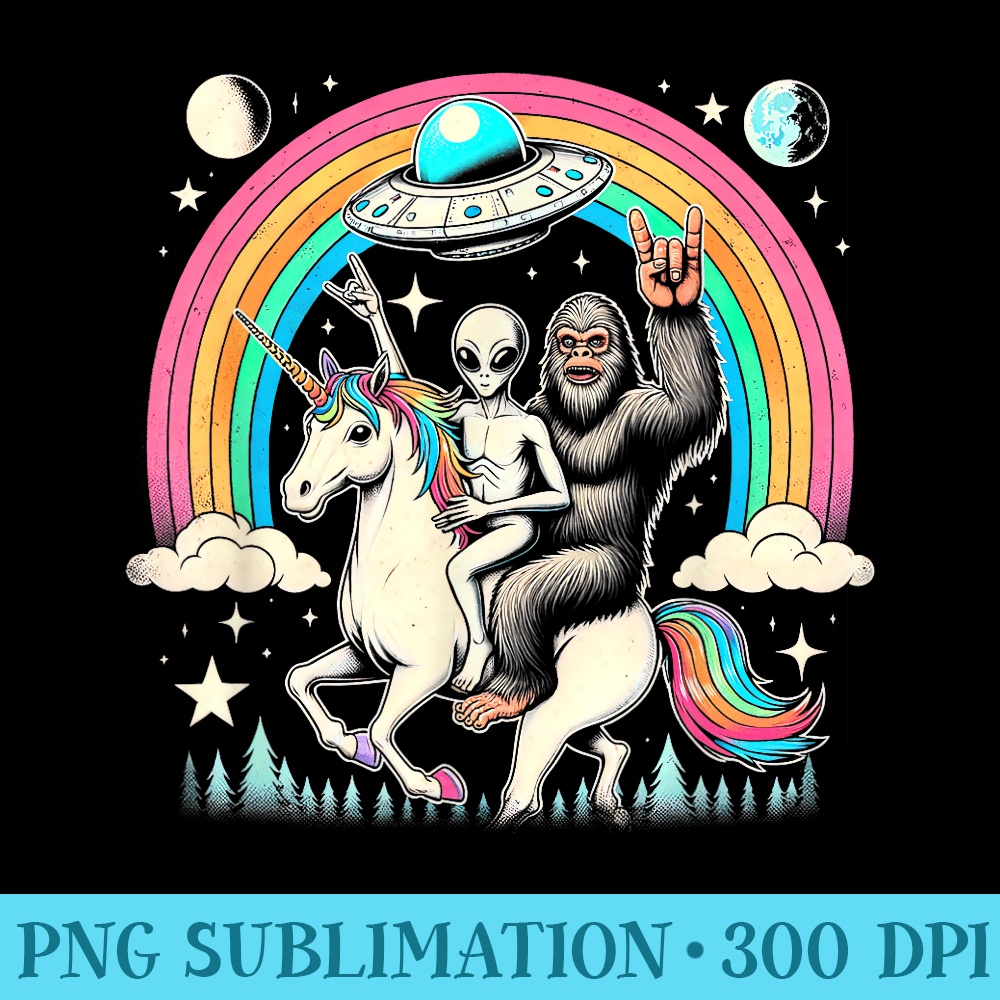 Funny UFO Bigfoot Alien Riding Unicorn Sasquatch Rock On - P | Inspire ...