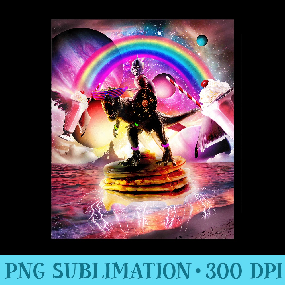 Cat Riding Dinosaur With Pancakes And Milkshake - Modern PNG | Inspire ...