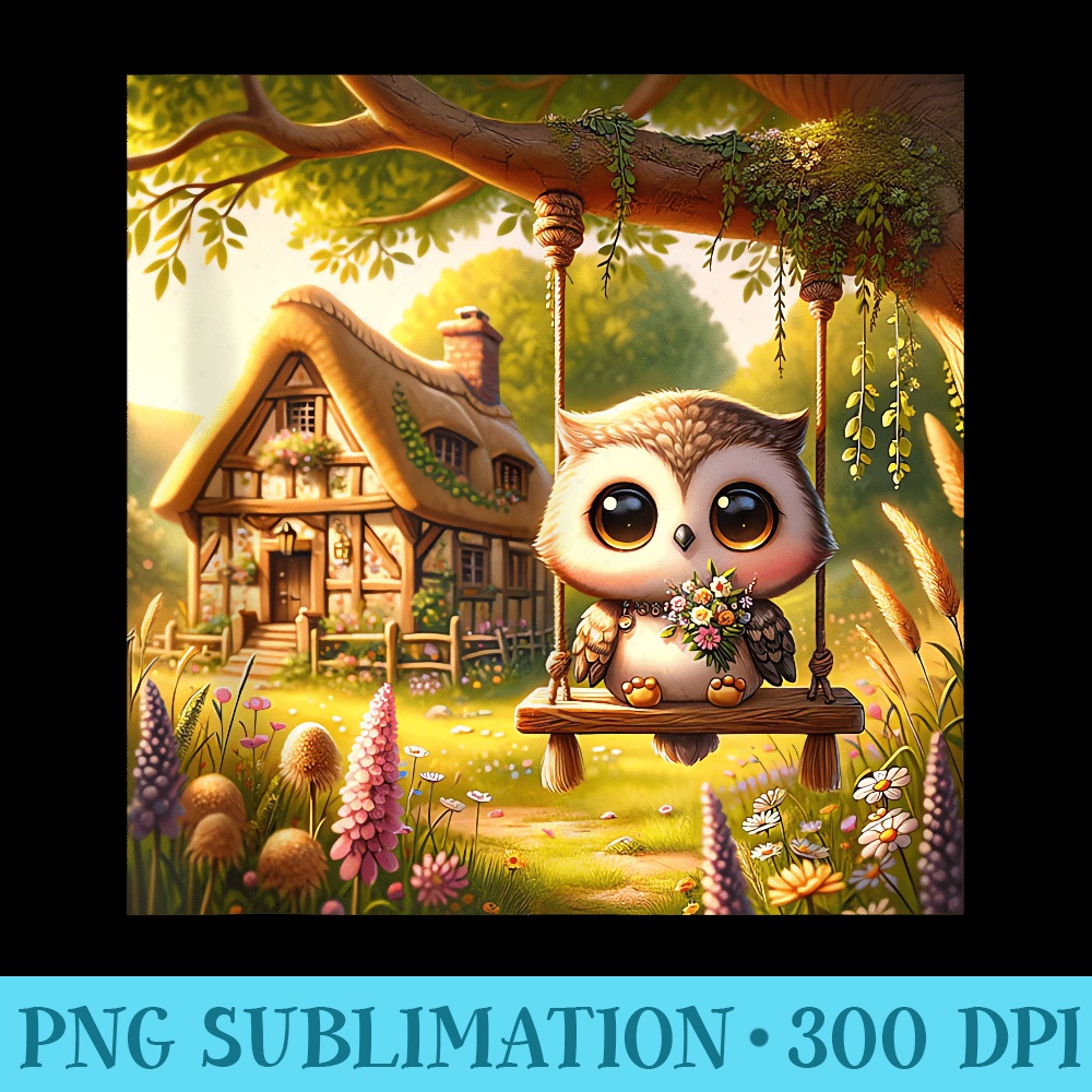 Chibi Kawaii Owl on a Swing Cottagecore Setting - Shirt Artw | Inspire ...