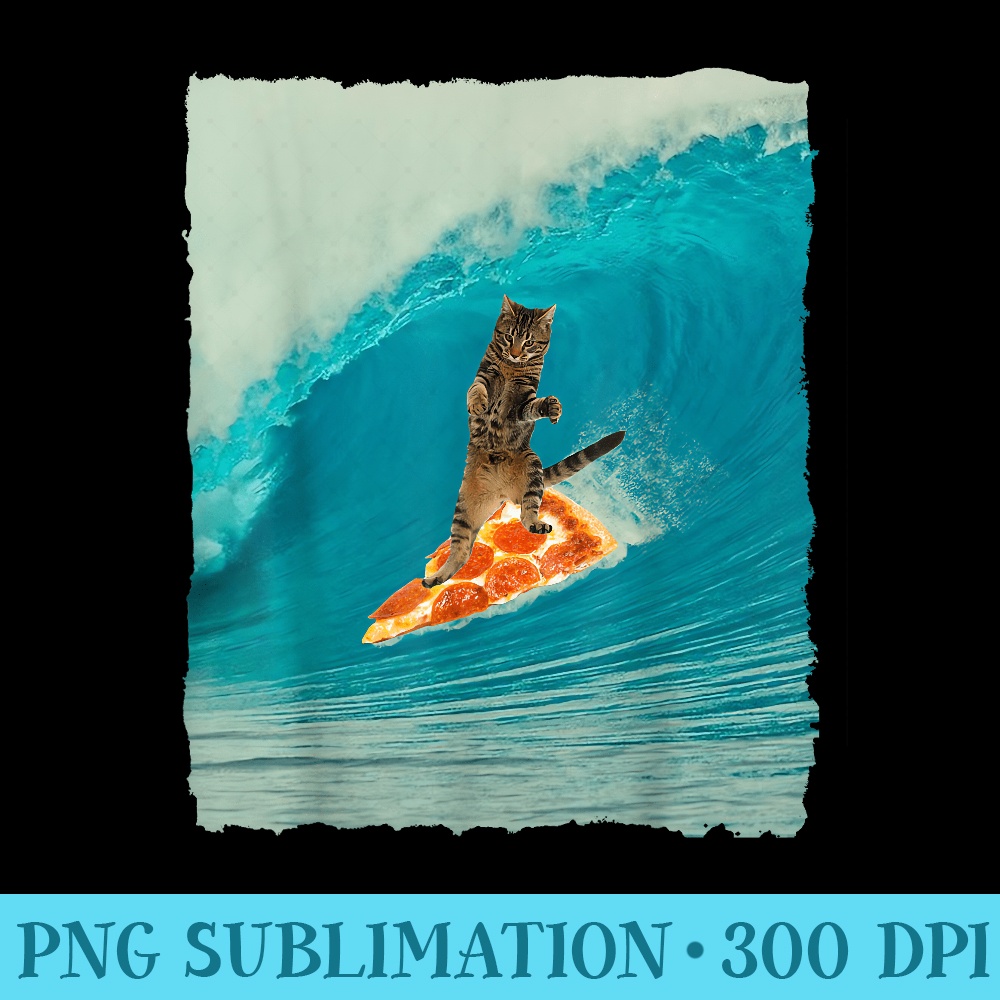 Surf Cat Kitty Riding a Wave with a Pizza Surf Board T - PNG | Inspire ...