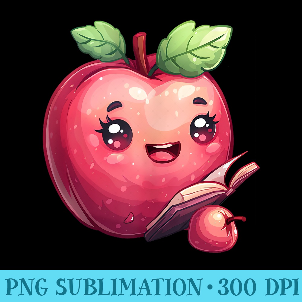 cute anime red apple fruit reading library book kawaii art - - Inspire ...
