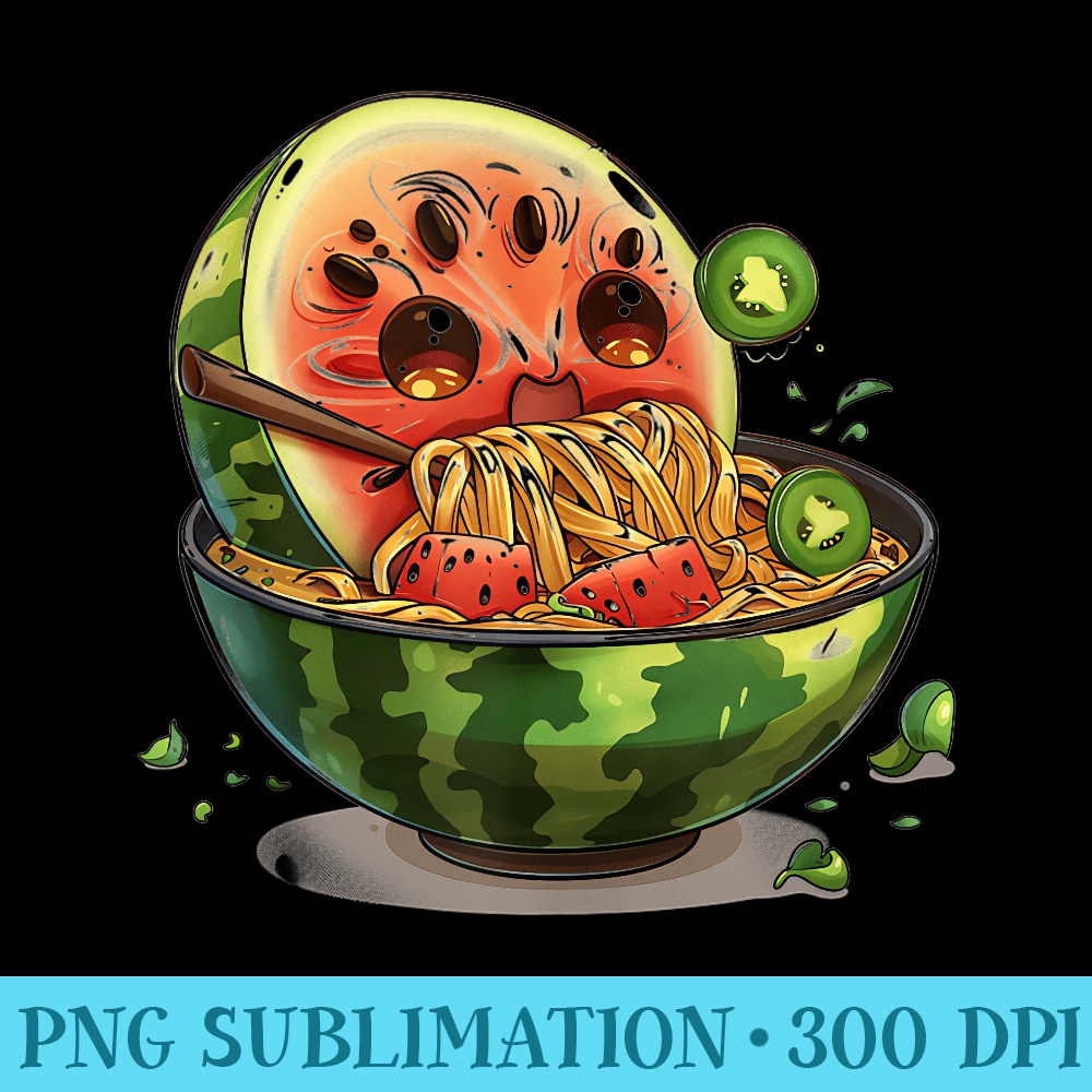 Anime watermelon fruit slice eating ramen noodle bowl kawaii | Inspire ...