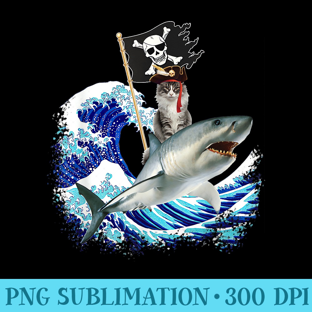 Pirate Cat Riding Shark Surfing Japanese Wave Cat Lover - Su | Inspire ...