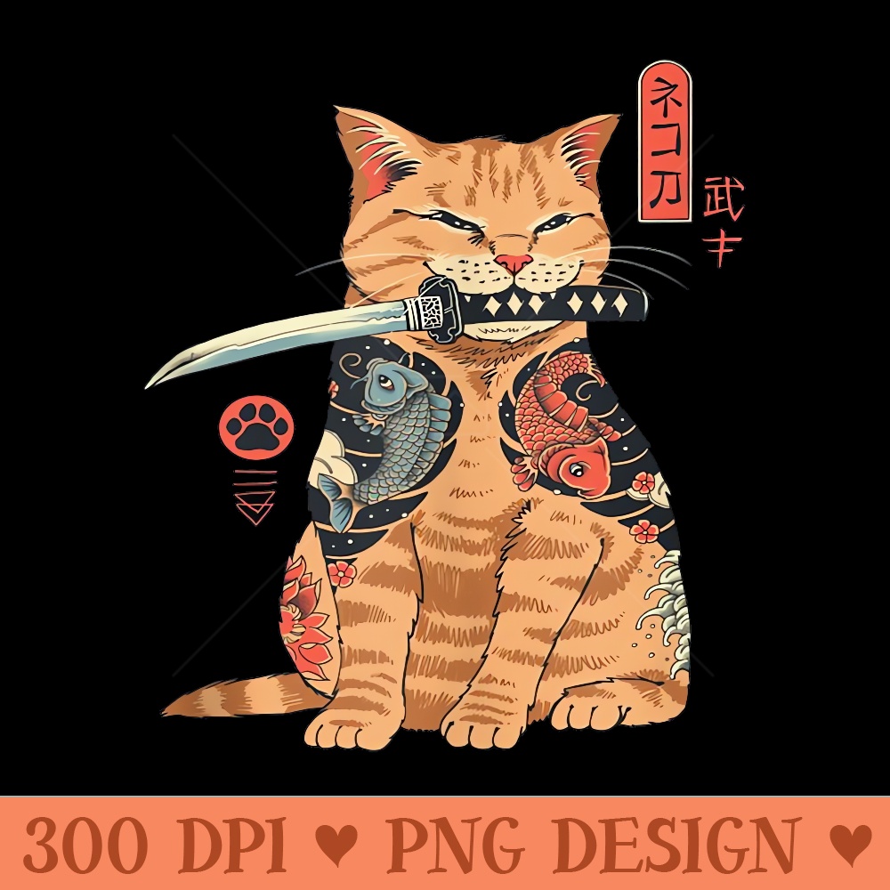 Japanese Samurai Ninja Cat Kawaii Tattoo Graphic - PNG clipa | Inspire ...
