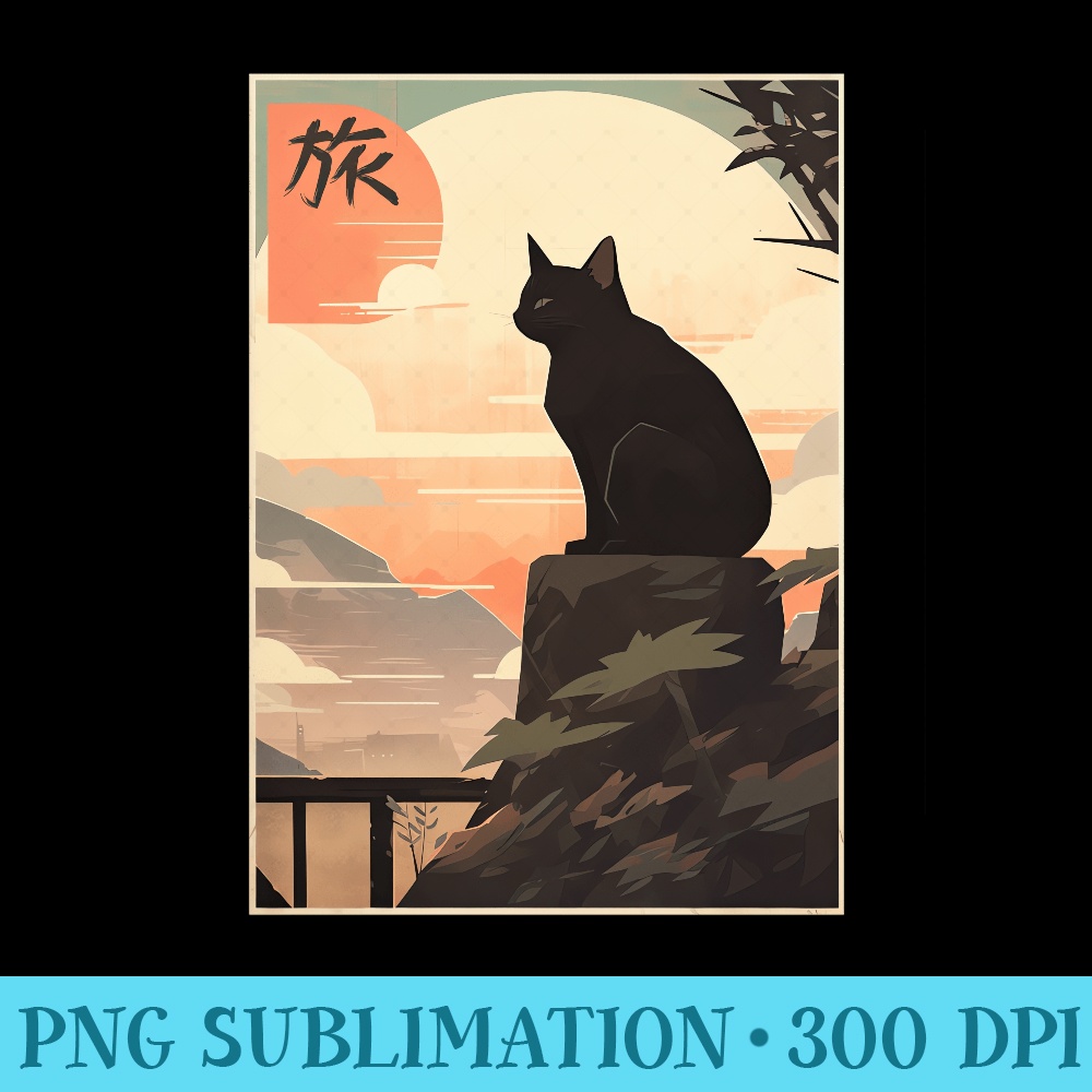 Vintage Japanese Scenery Kanji Writing Journey Black Cat Swe | Inspire ...