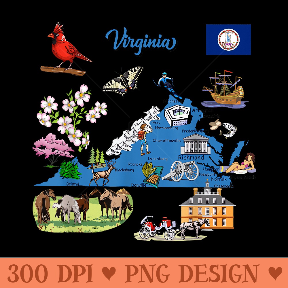tourism map of Virginia state, USA, major cities, flag - Vec | Inspire ...