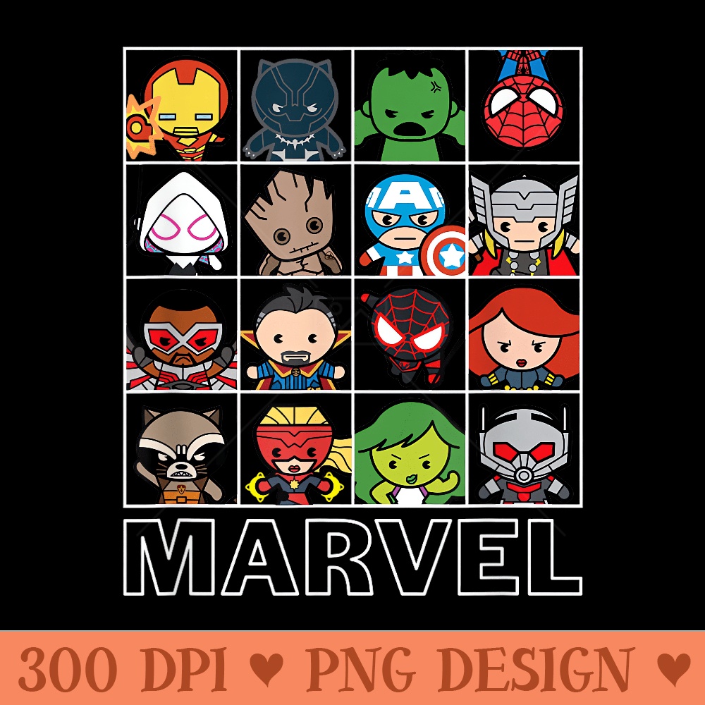 Marvel Kawaii Chibi Iconic Characters Grid Panels - PNG Clip | Inspire ...