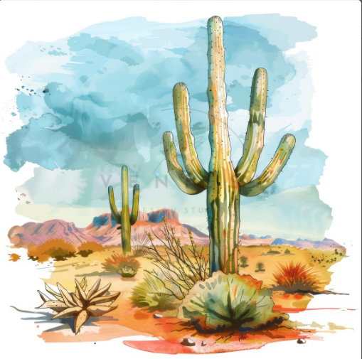 12 Watercolor Cactus In Desert Landscape Clipart Set, Desert | Inspire ...