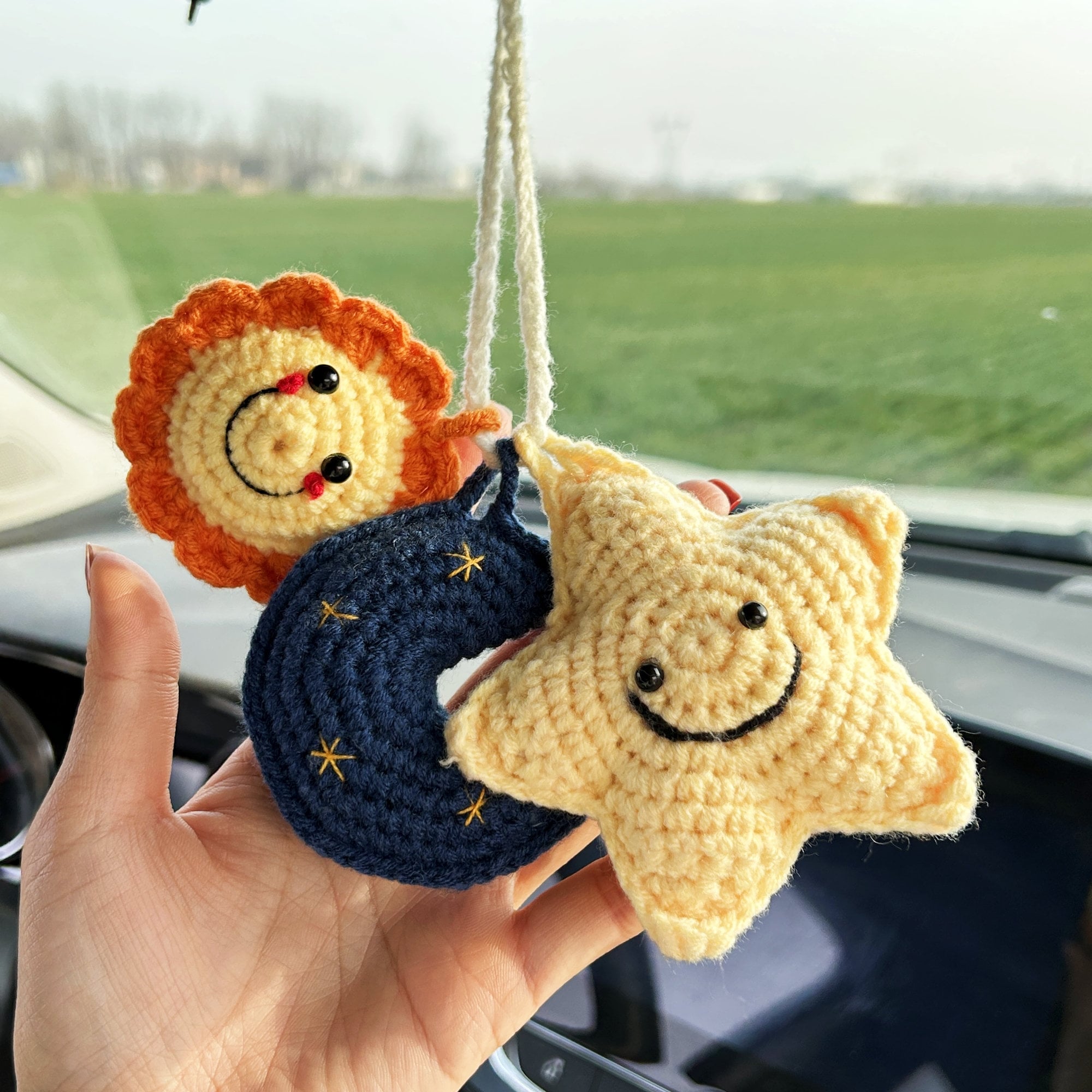 Cute Crochet Star, Moon and Sun, Car Rear View Mirror Hangin - Inspire ...