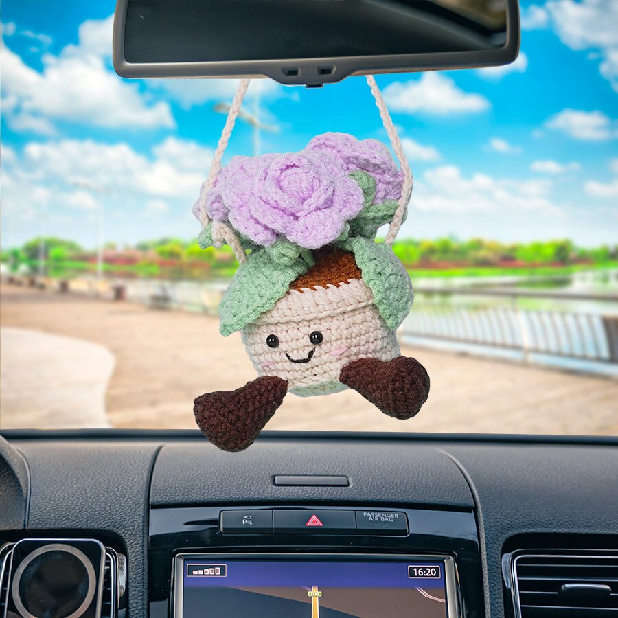 Crochet Smiling Purple Rose Pot Car Hanging, Car Mirror Hang | Inspire ...
