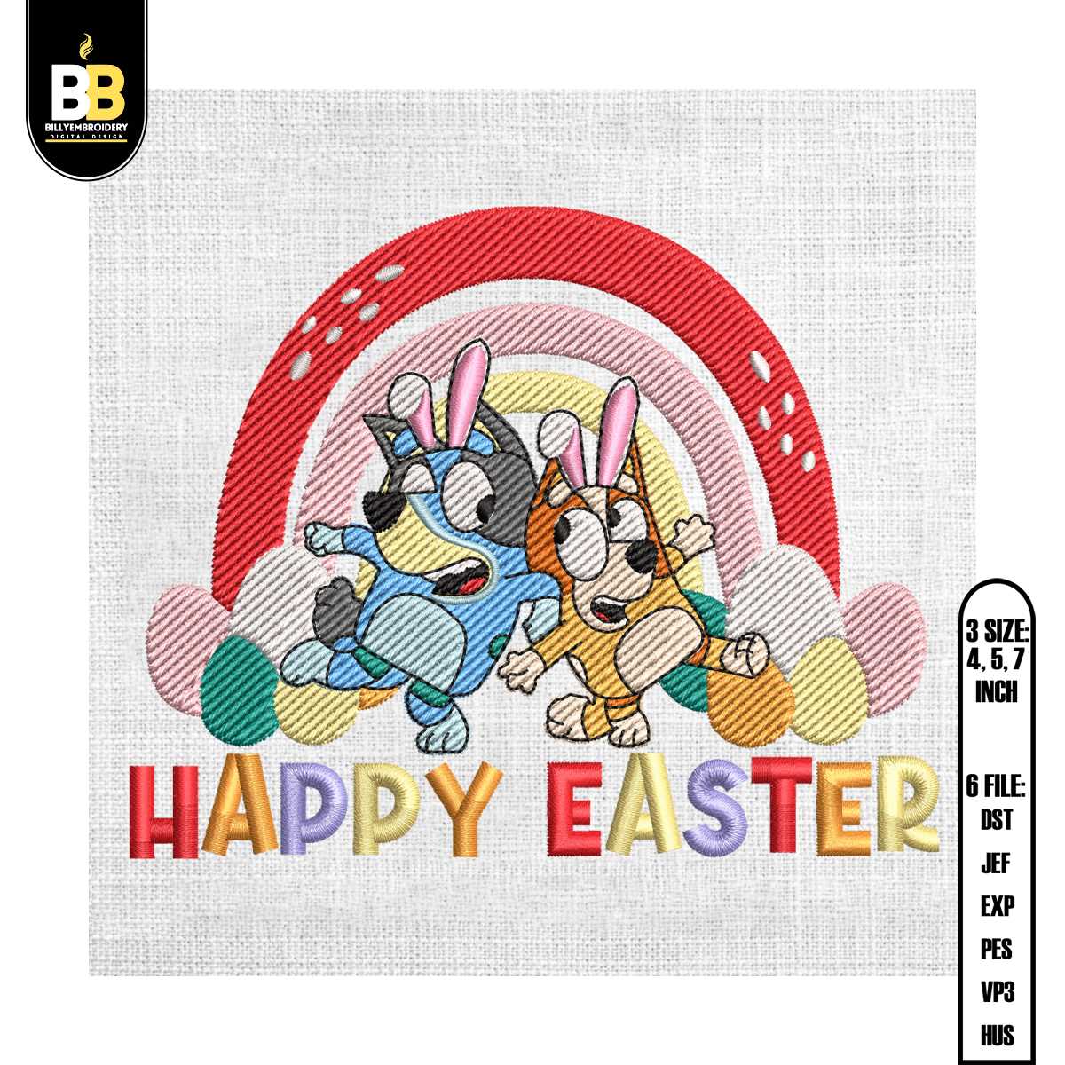 Happy Easter Rainbow Bluey And Bingo Embroidery - Inspire Uplift