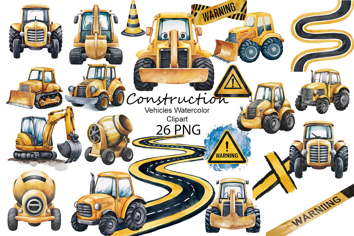 Construction Vehicles Watercolor Clipart PNG | Inspire Uplift