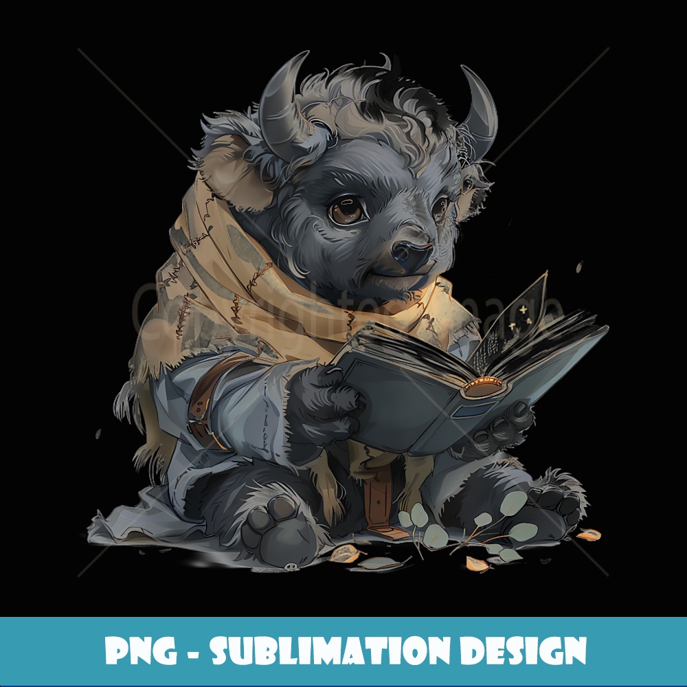 Cute anime ox, baby bison bull reading a library book art - | Inspire ...