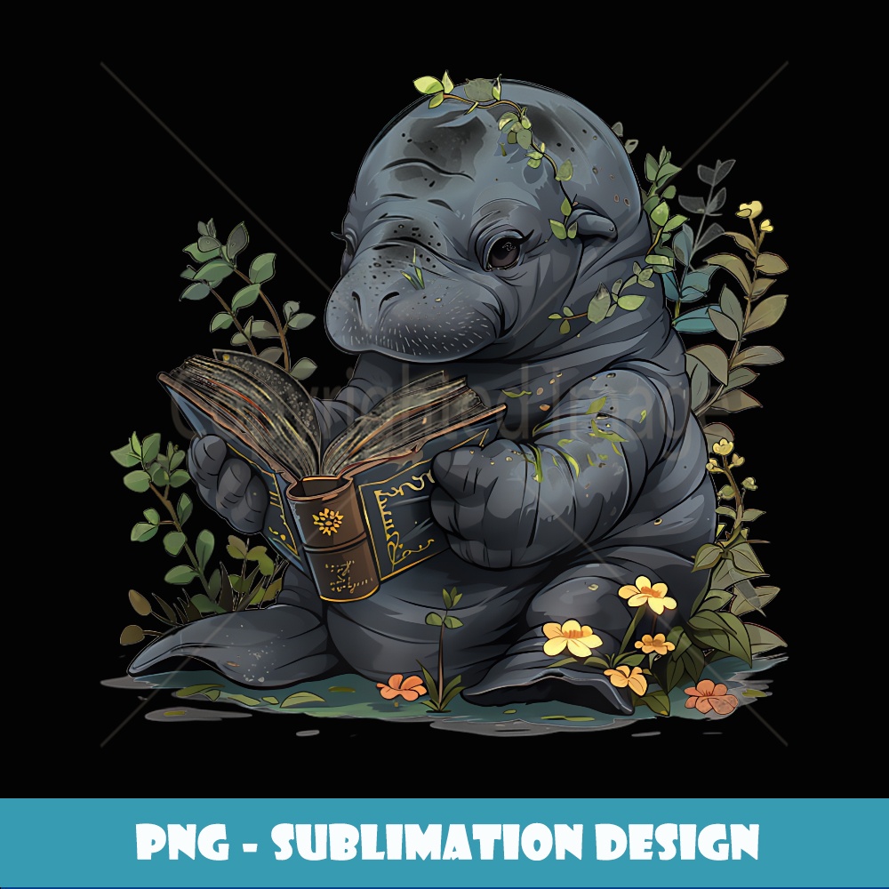 Cute anime baby manatee sitting reading a library book art - | Inspire ...