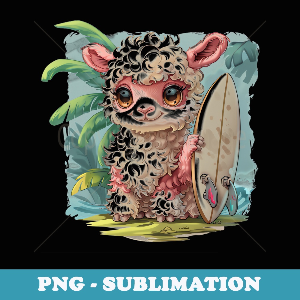 cute anime alpaca llama with surfboard palm trees art - PNG | Inspire ...