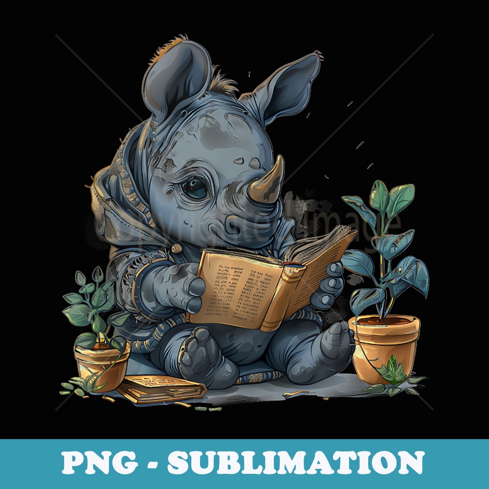 cute anime baby rhino reading library a book with plants art | Inspire ...