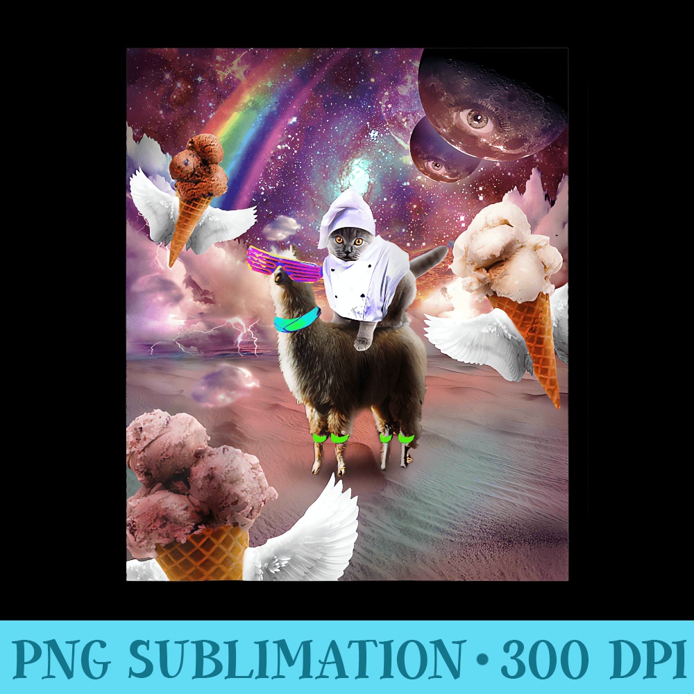 Cat Riding Llama With Flying Space Ice Cream Raglan Baseball | Inspire ...