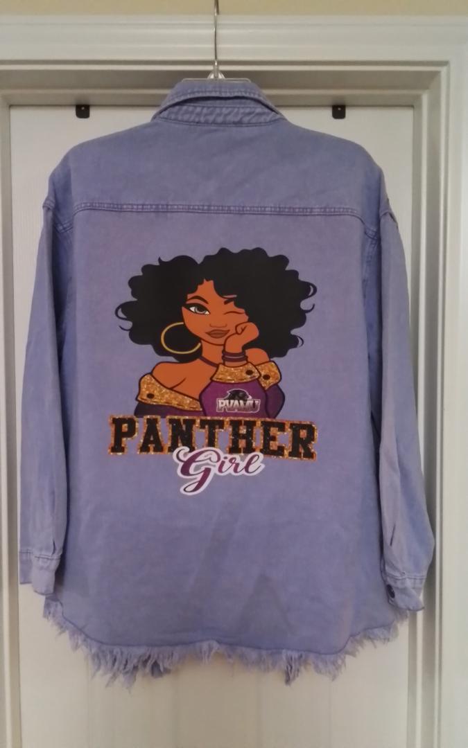 Purple Denim Shirt Jacket w/ PVAMU Panther Girl Graphic Prin | Inspire ...
