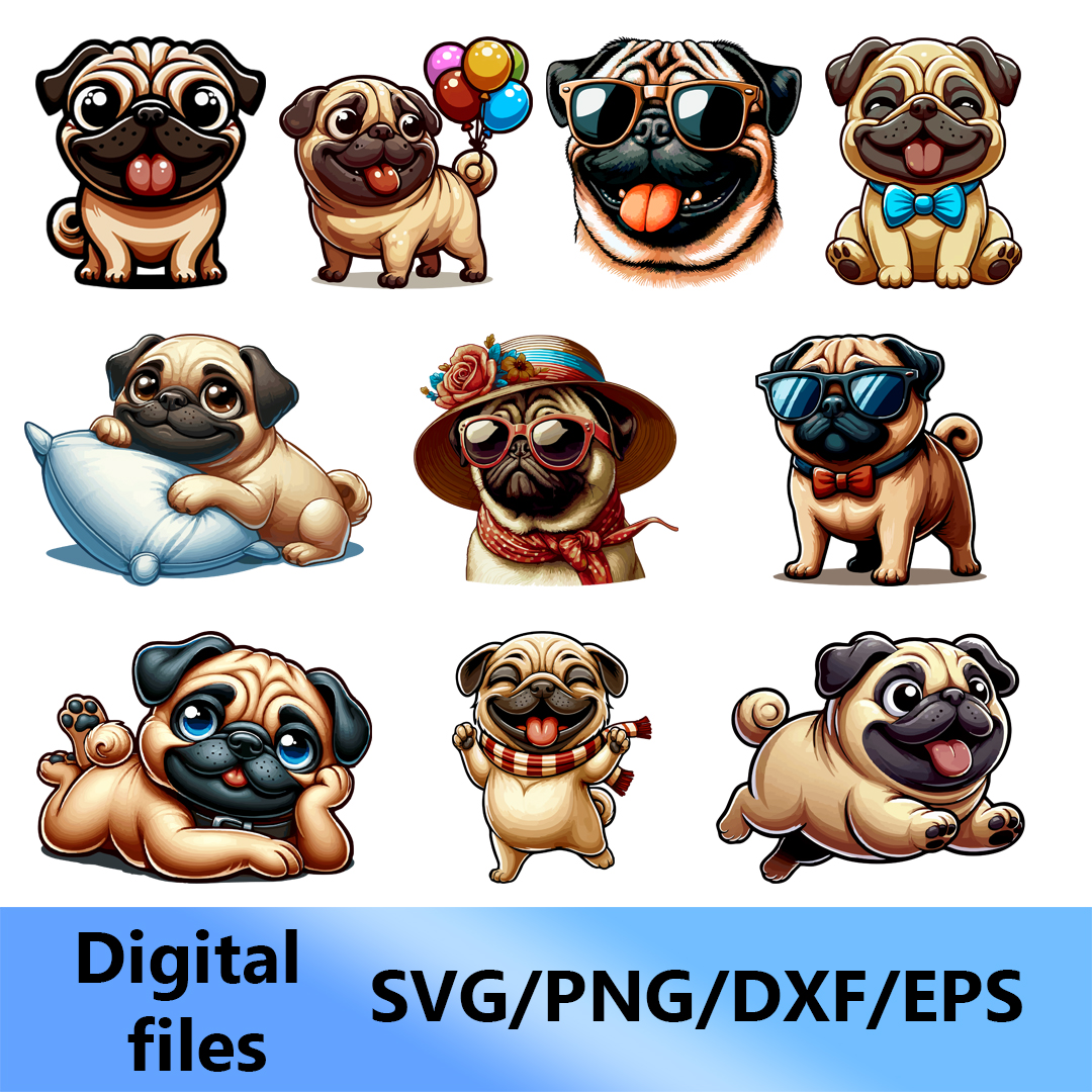 Funny Pug, Digital clipart, SVG, PNG, DXF, EPS files | Inspire Uplift