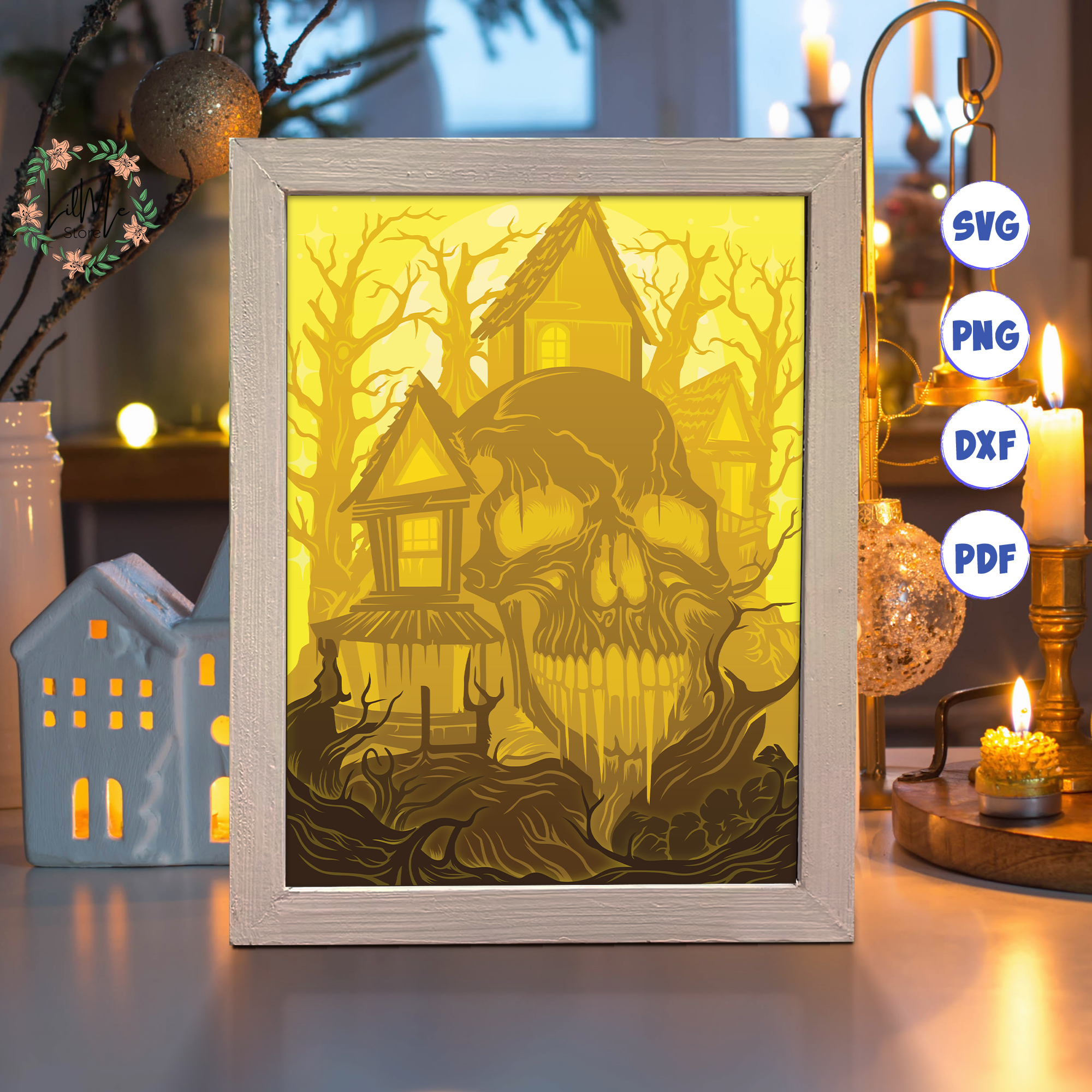 Halloween House Paper Cut Light Box Template, 3D Shadow Box | Inspire ...