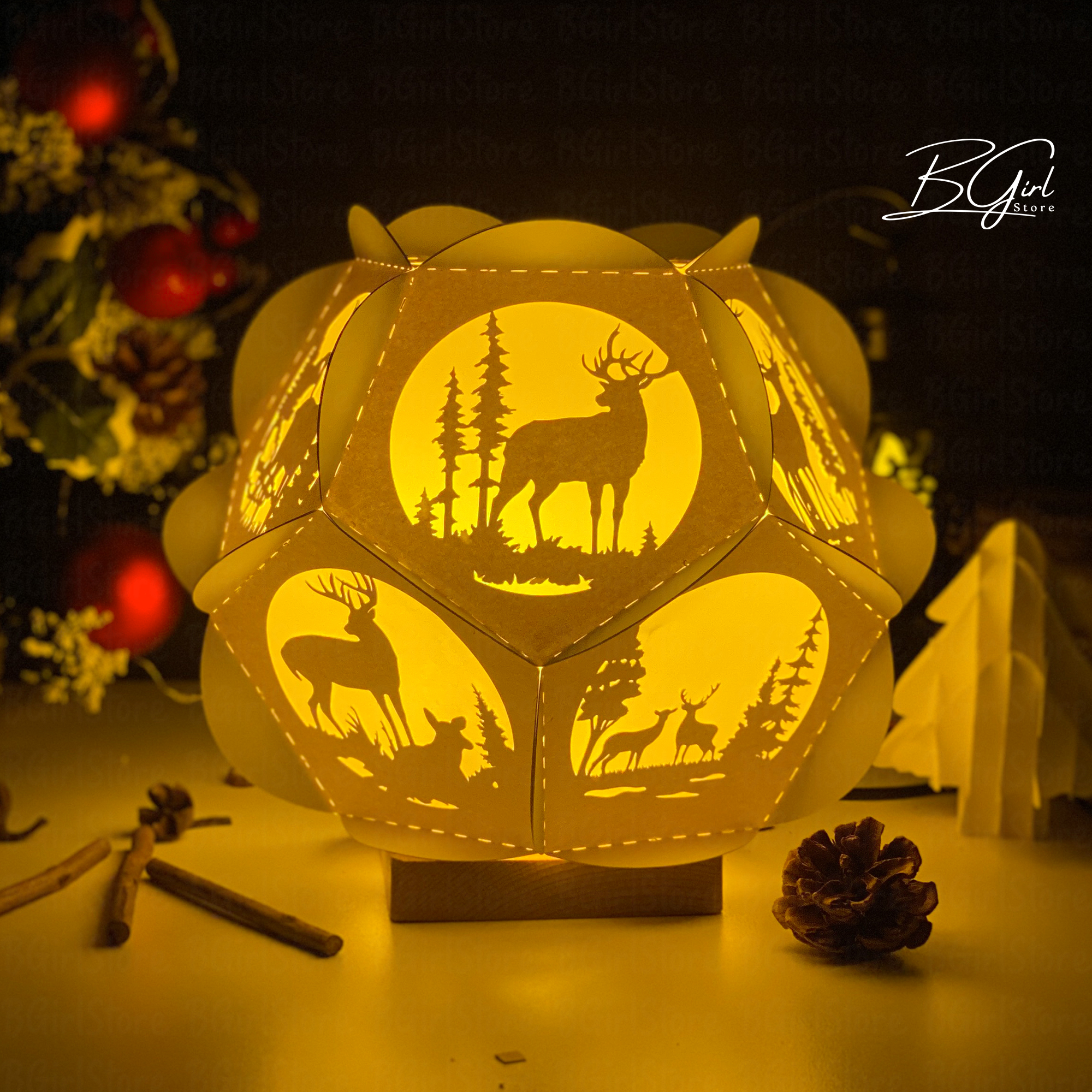 Deer paper cut pentagon lantern light box template, 3D lante | Inspire ...