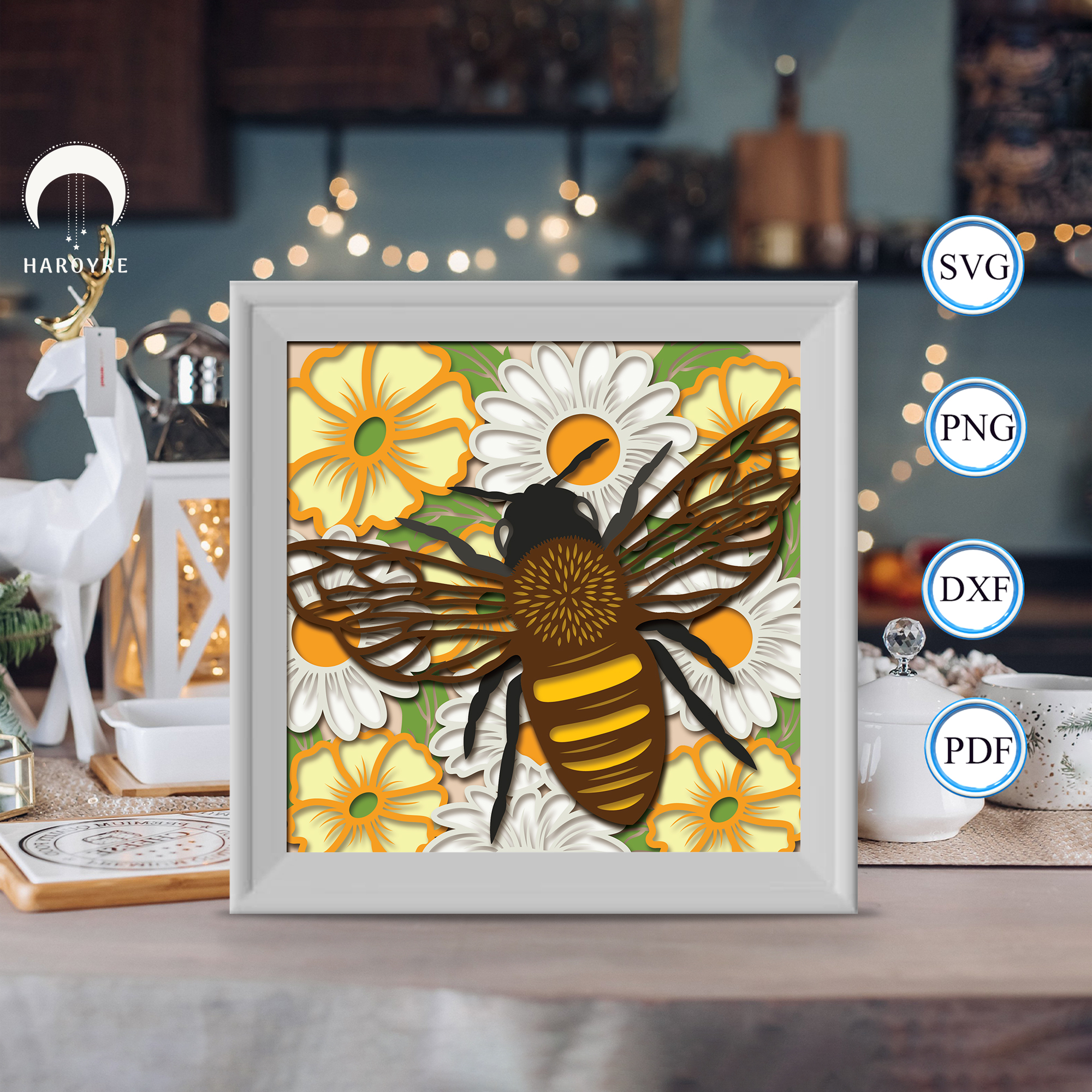 Bee And Flowers shadow box svg, Bee paper cut light box, sha | Inspire ...