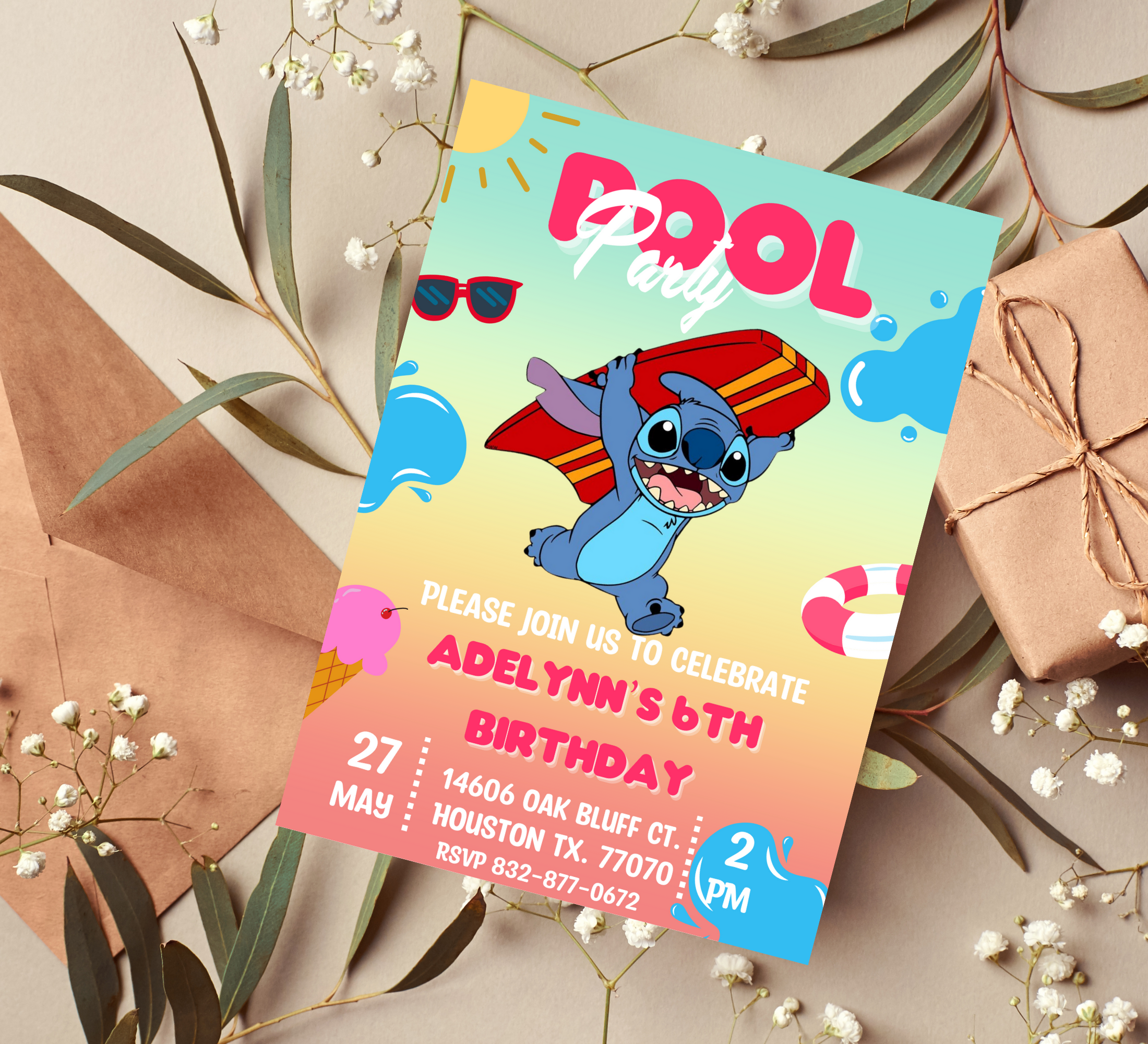 Stitch Pool Surf Gradient Kid Birthday Invitation | Fun & Cu | Inspire ...