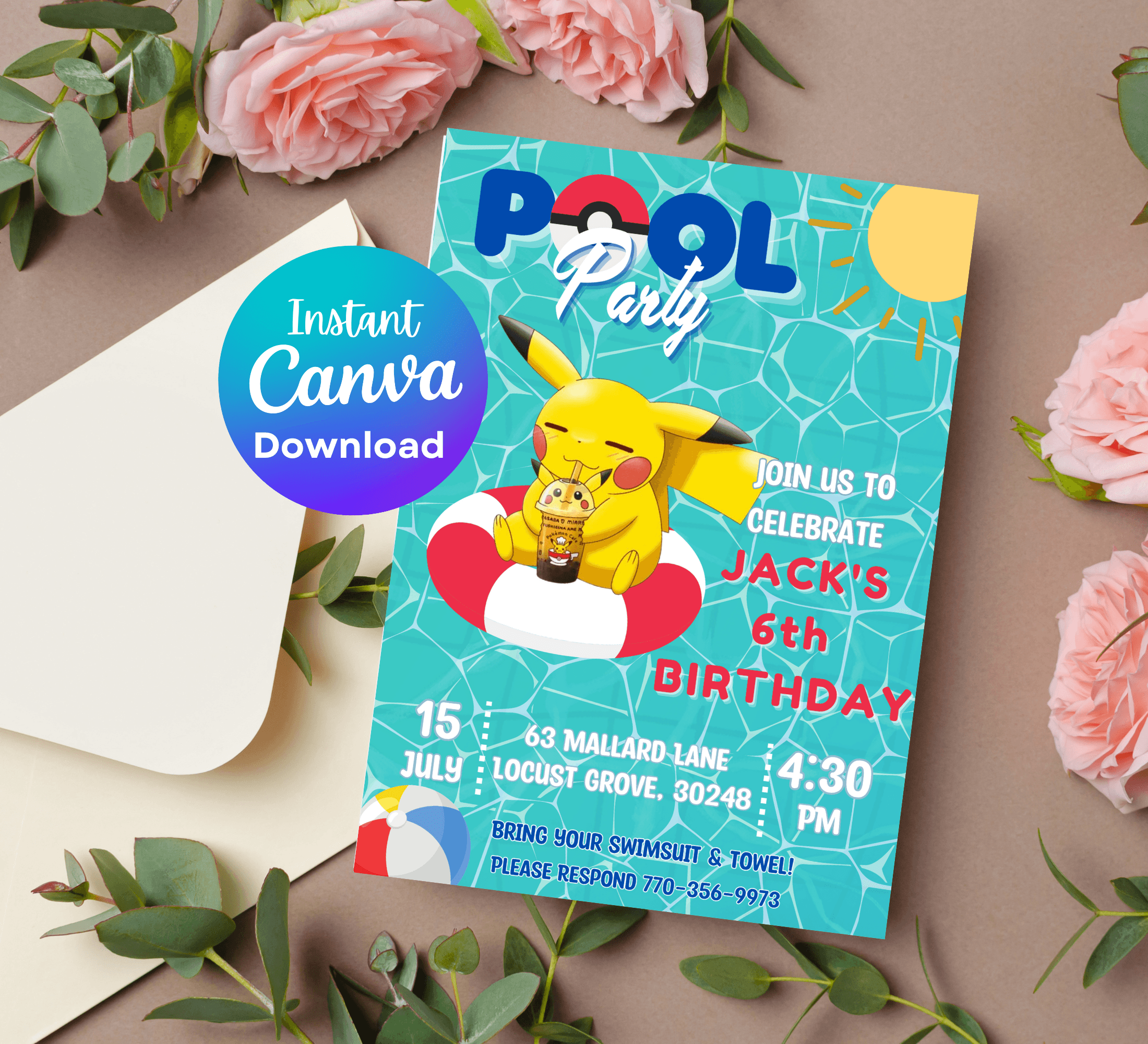Pikachu Pool Birthday Invitation | Fun & Customizable Pokemo | Inspire ...