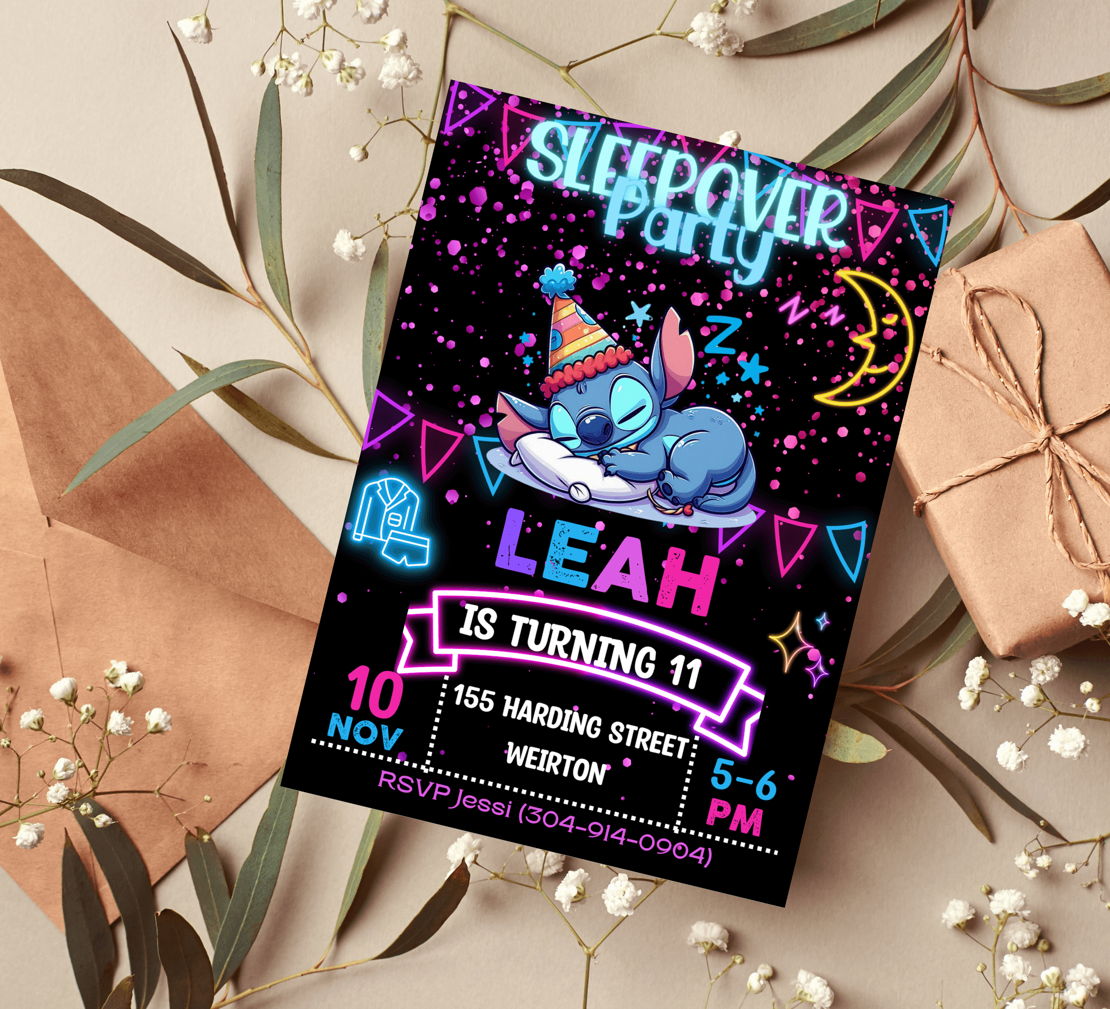 Stitch Sleepover Neon Birthday Invitation | Fun & Customizab | Inspire ...