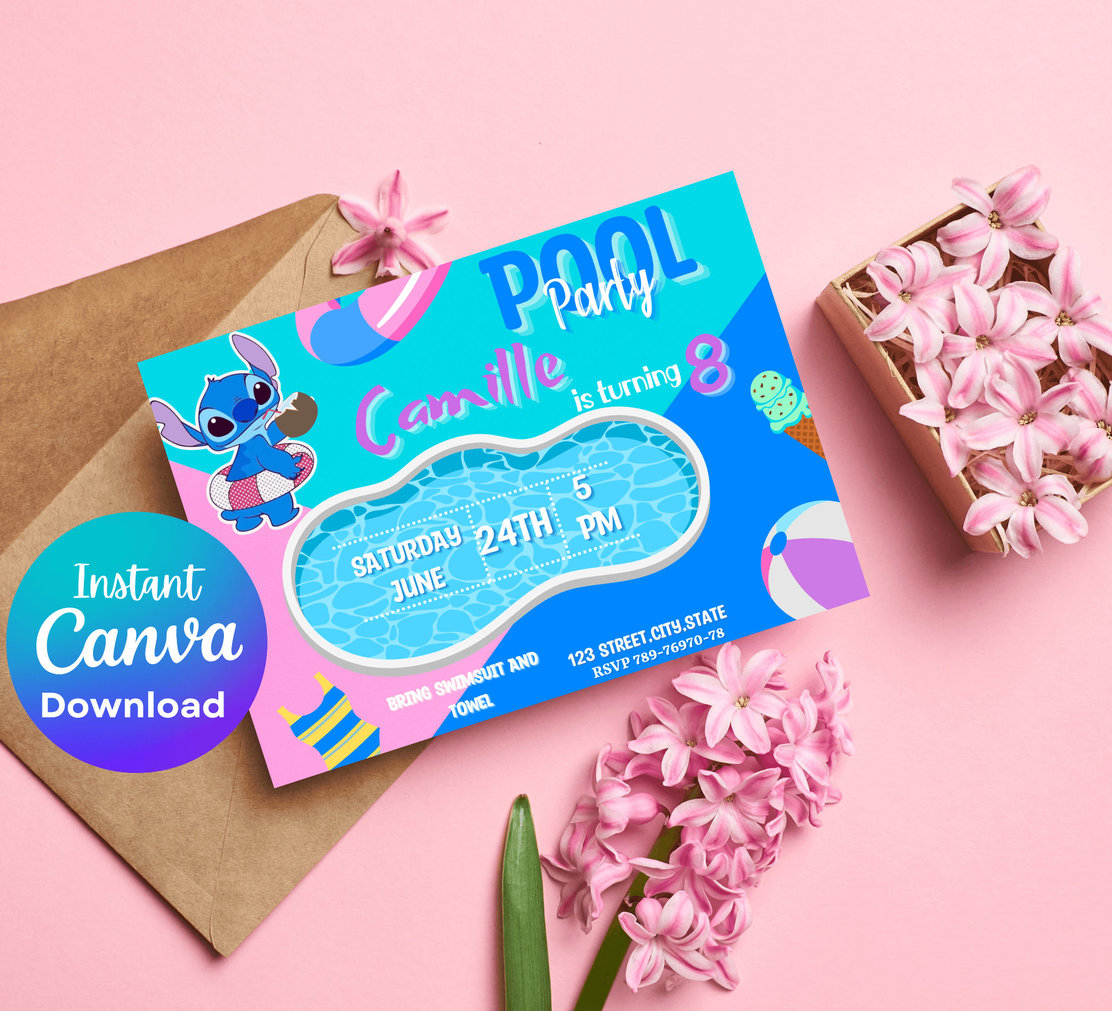 Stitch & Lilo Blue Pool Birthday Invitation | Fun & Tropical | Inspire ...