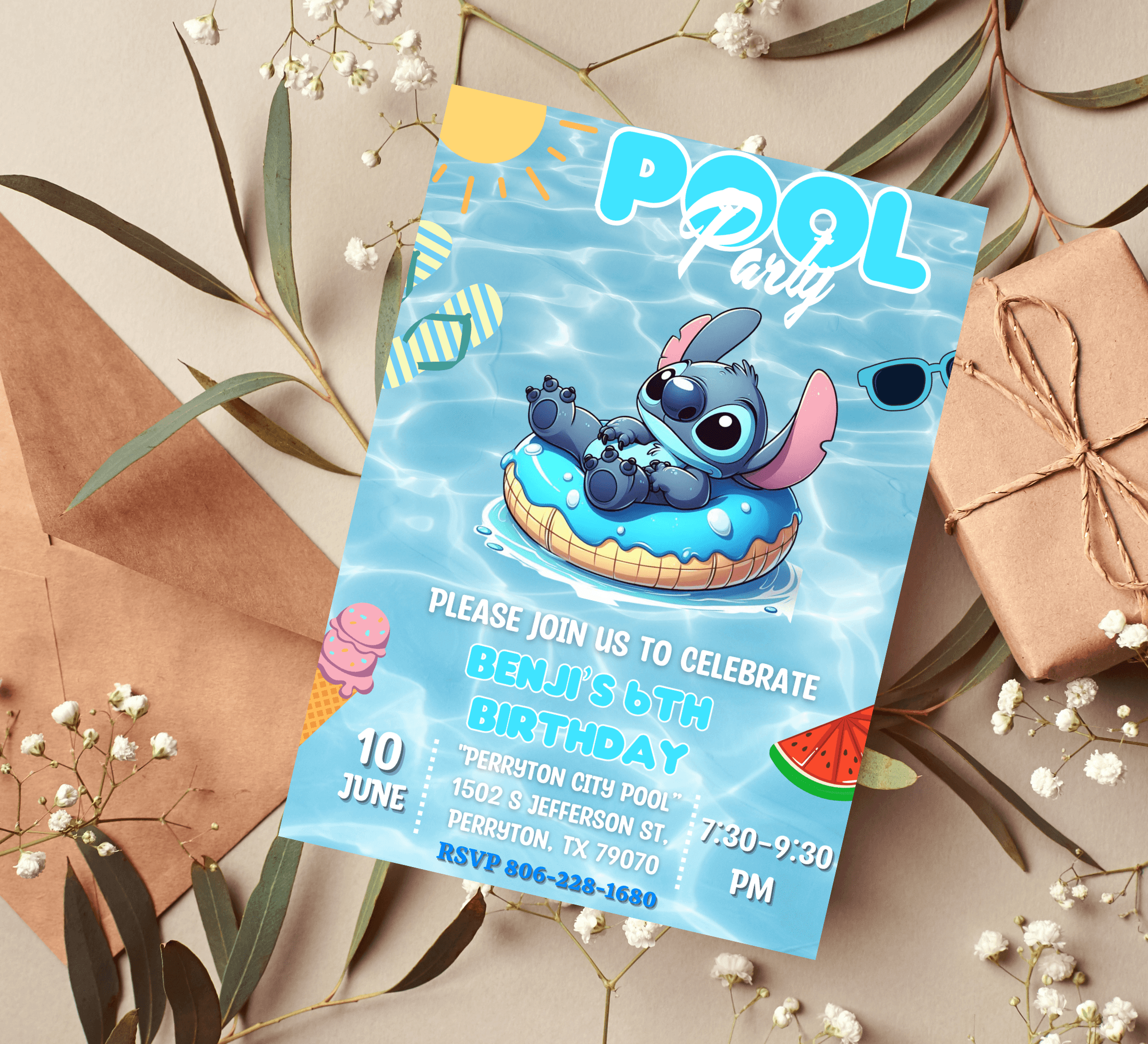 Stitch Pool Blue Swimming Ring Birthday Invitation | Fun & C | Inspire ...