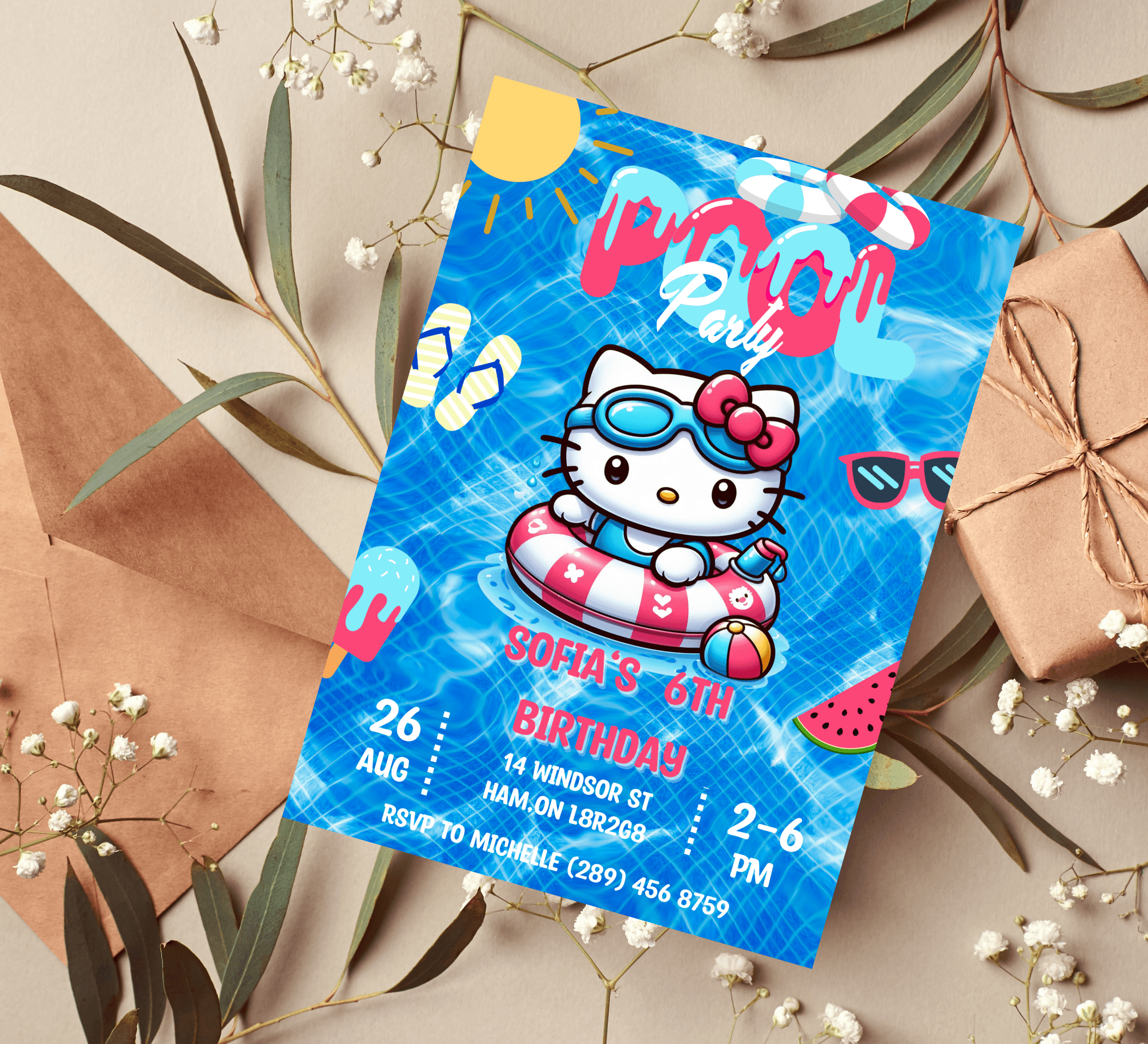 Hello Kitty Pool Birthday Invitation | Fun & Vibrant Blue an | Inspire ...