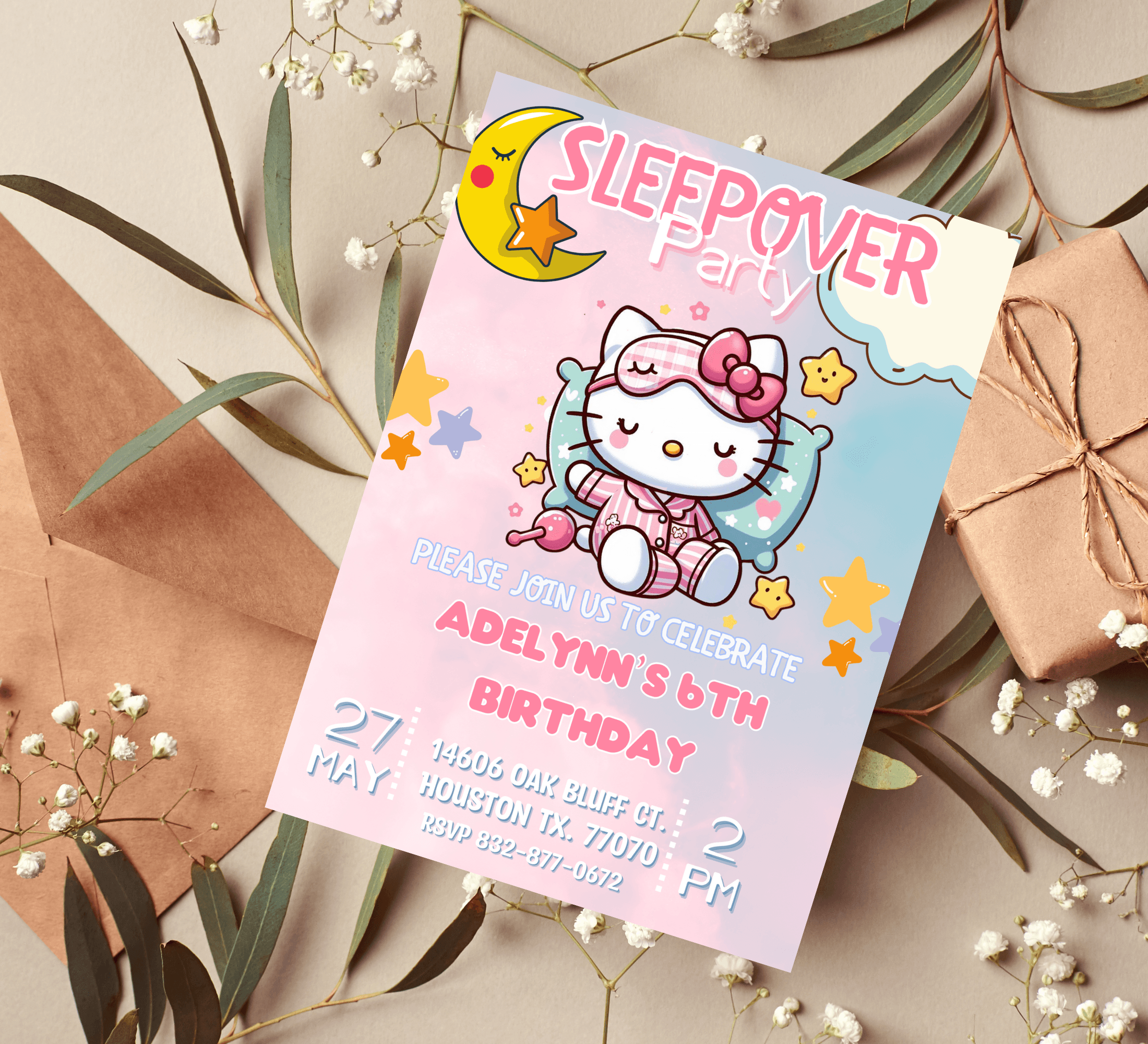 Hello Kitty Sleepover Slumber Gradient Birthday Invitation | Inspire Uplift