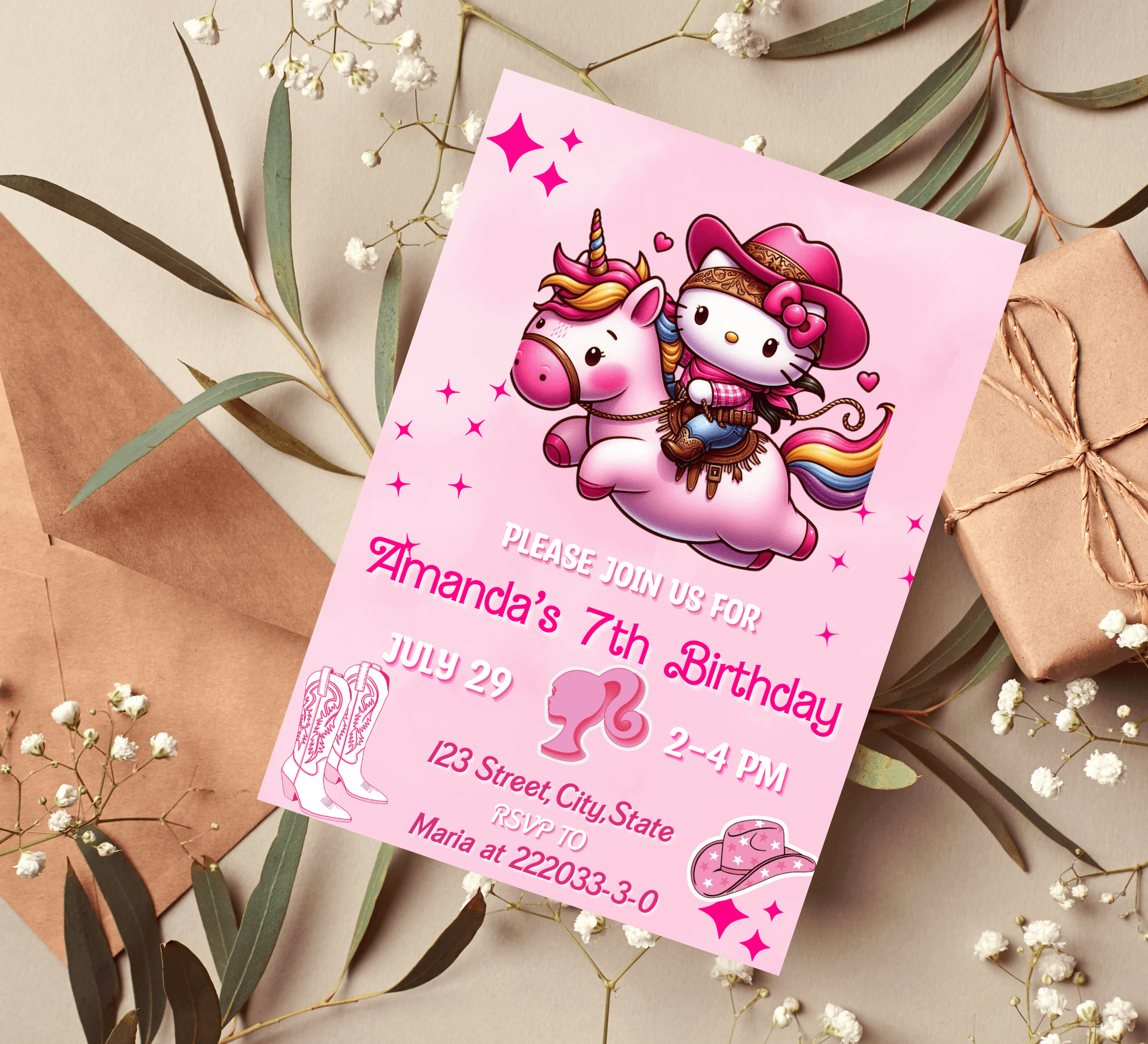 Hello Kitty Cowboy Western Pink Birthday Invitation | Custom | Inspire ...