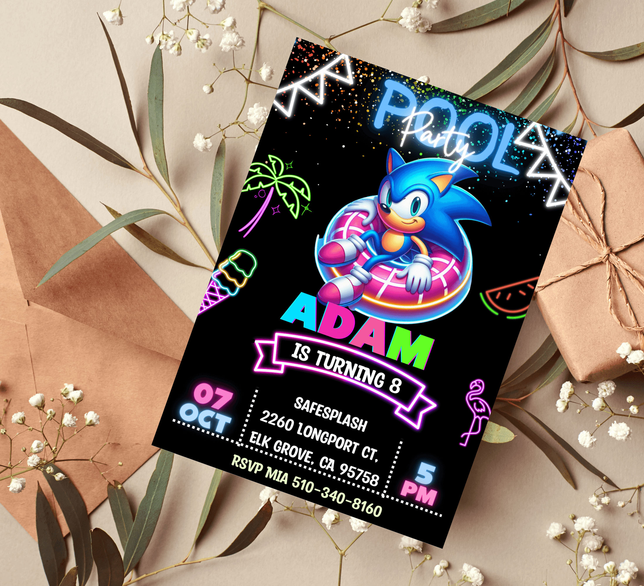 Sonic Neon Pool Birthday Invitation | Custom Digital Party I | Inspire ...