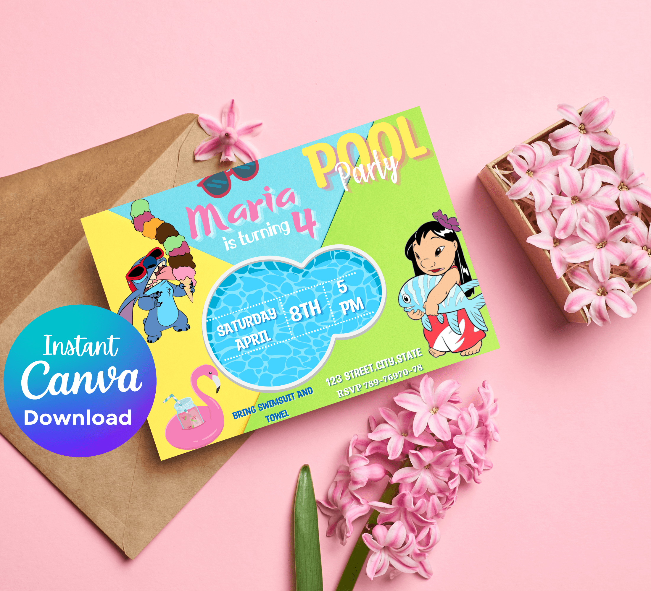 Stitch Lilo Flamingo Green Blue Pool Birthday Invitation | Inspire Uplift