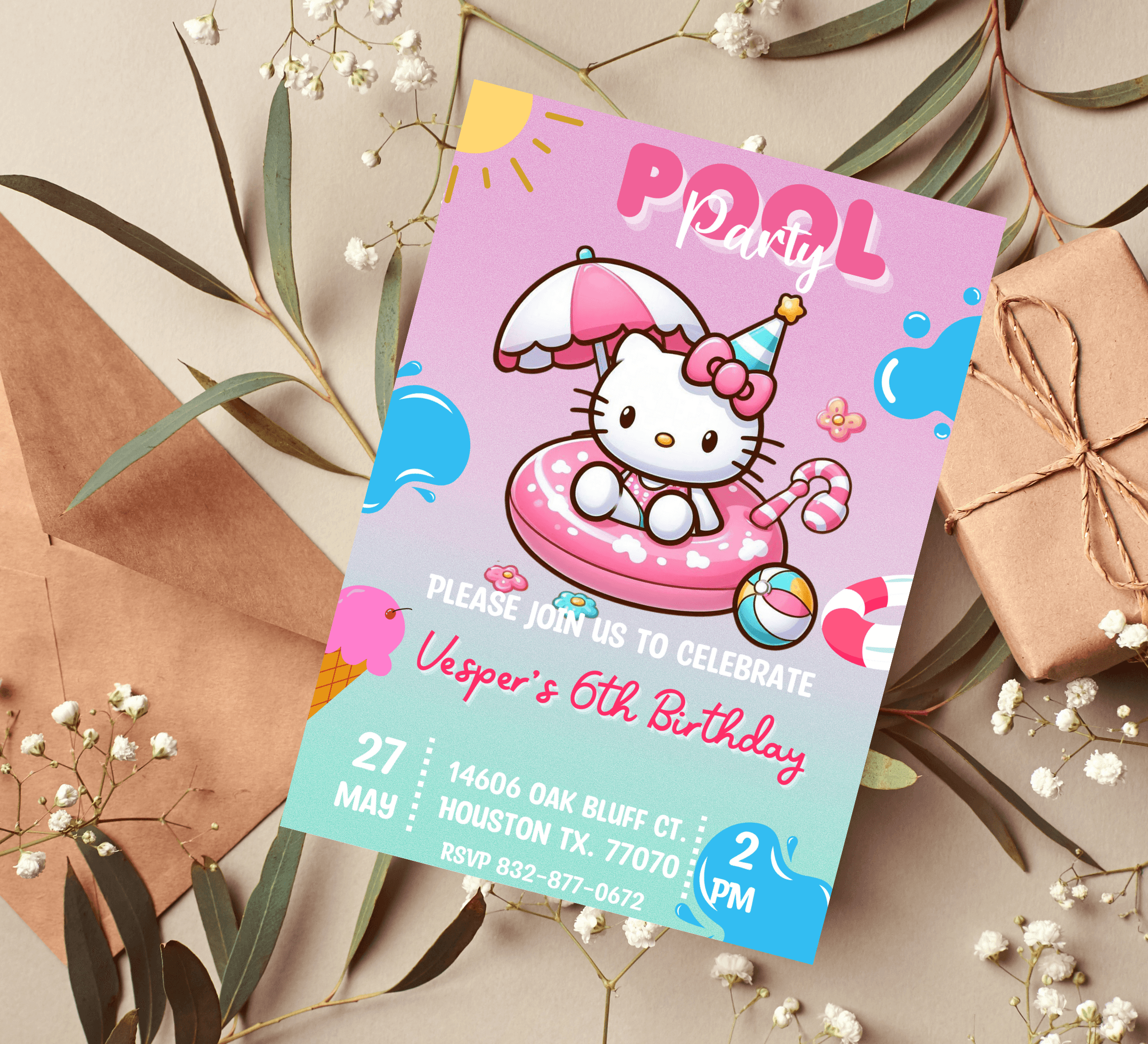 Hello Kitty Pool Party Gradient Purple Birthday Invitation | | Inspire ...
