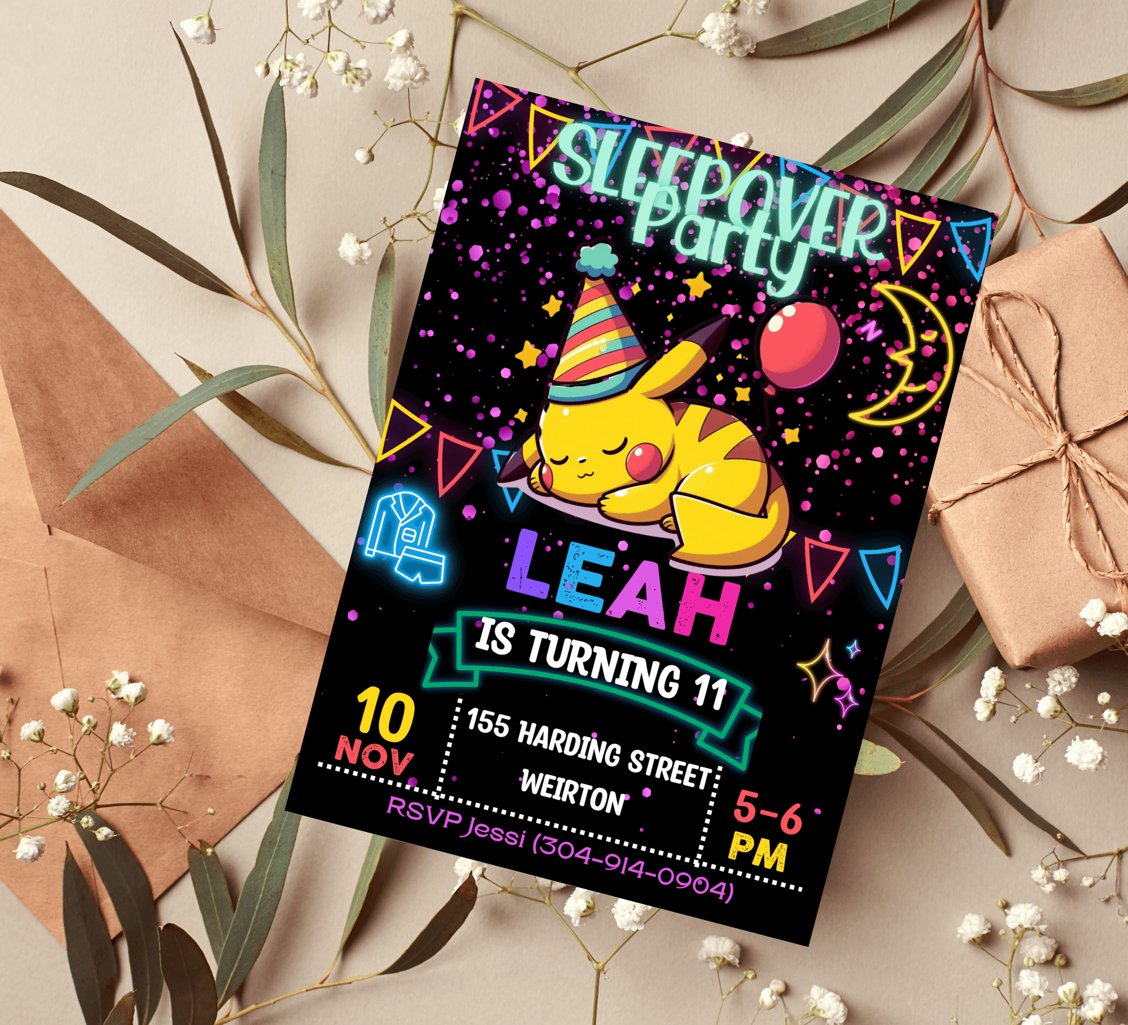 Pikachu Neon Sleepover Pokemon Birthday Invitation | Electri | Inspire ...