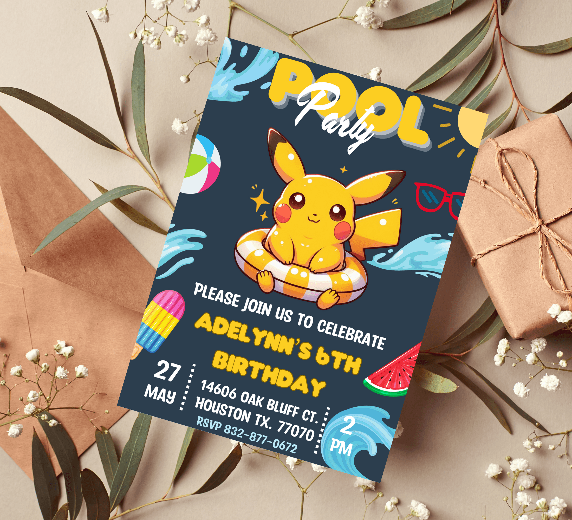 Pikachu Swimming Ring Pool Birthday Invitation | Fun & Elect | Inspire ...