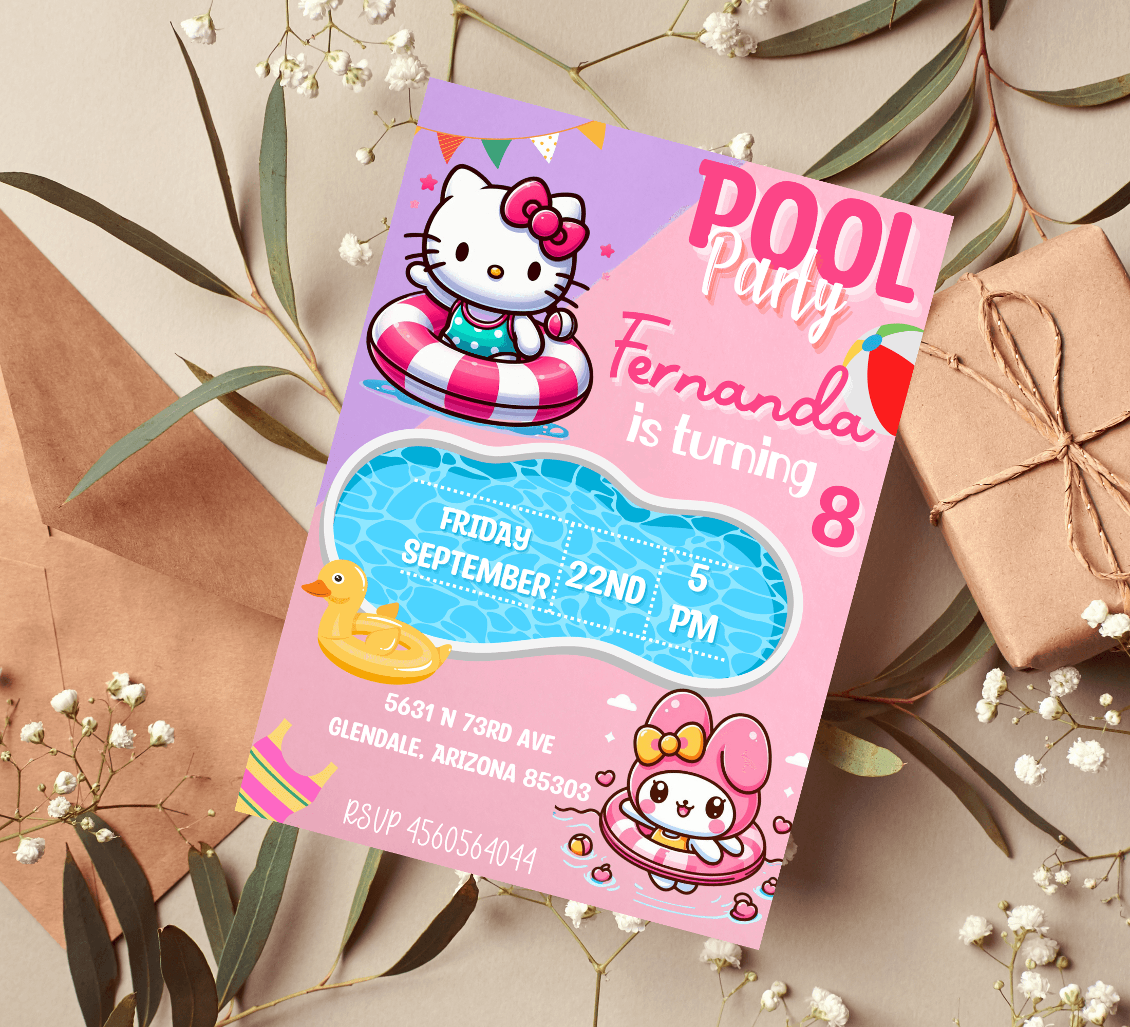 Hello Kitty & My Melody Pink Pool Birthday Invitation | Kawa | Inspire ...