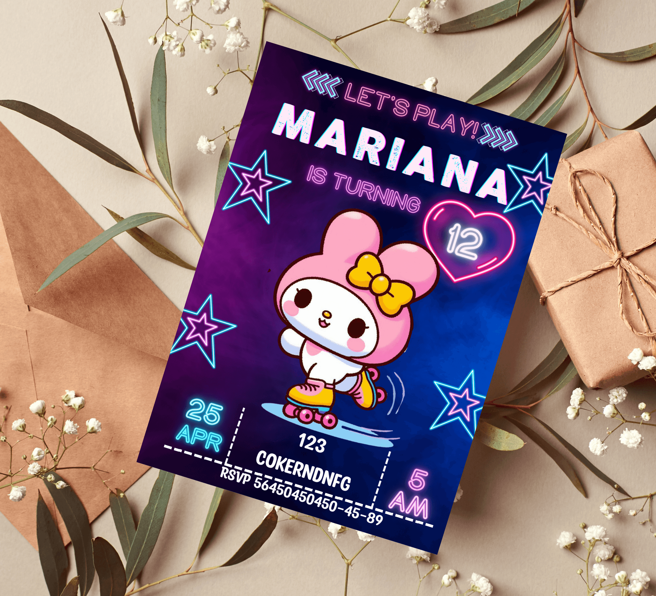 My Melody Kawaii Neon Roller Skating Birthday Invitation | F | Inspire ...
