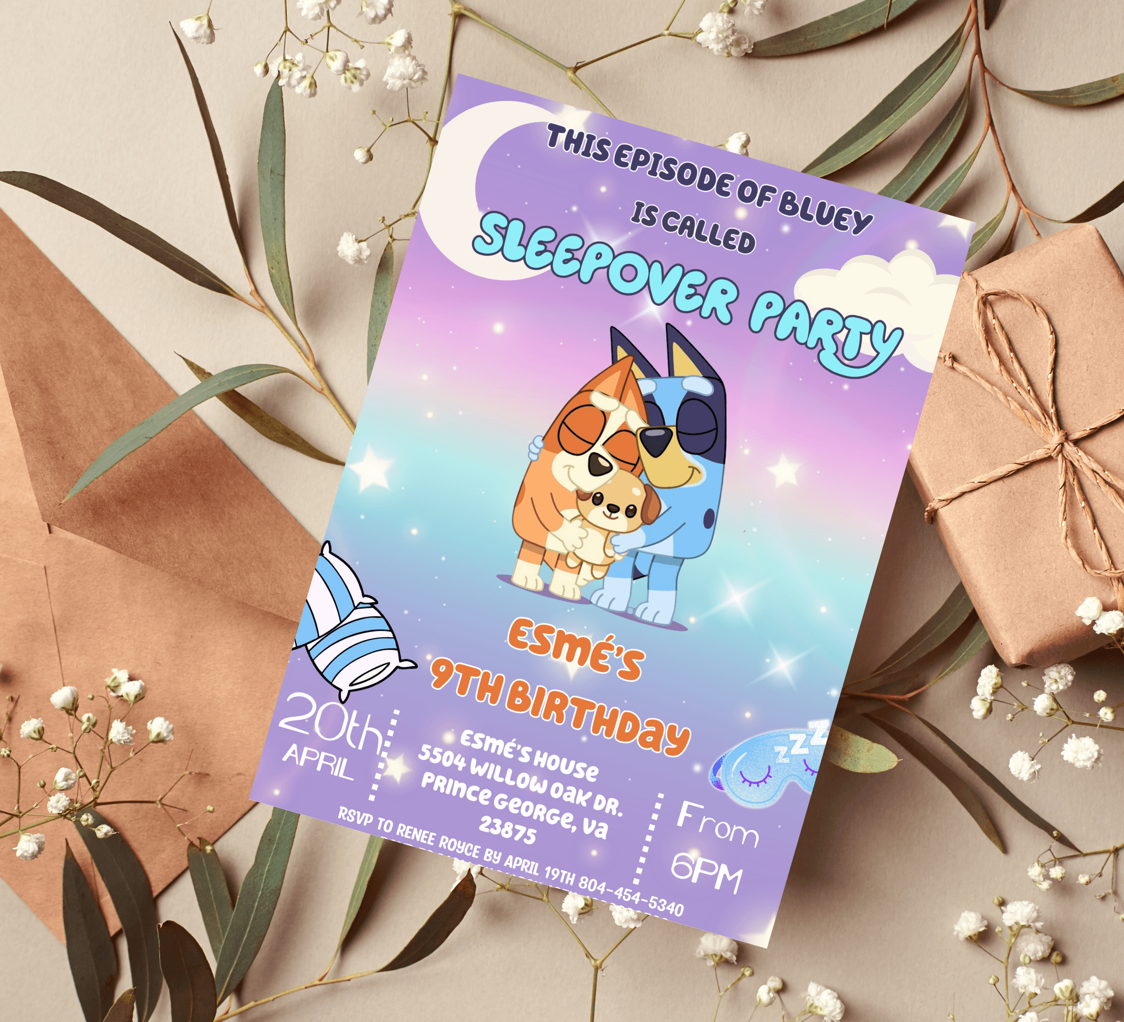 Bluey Sleepover Birthday Invitation | Gradient Slumber Party | Inspire ...