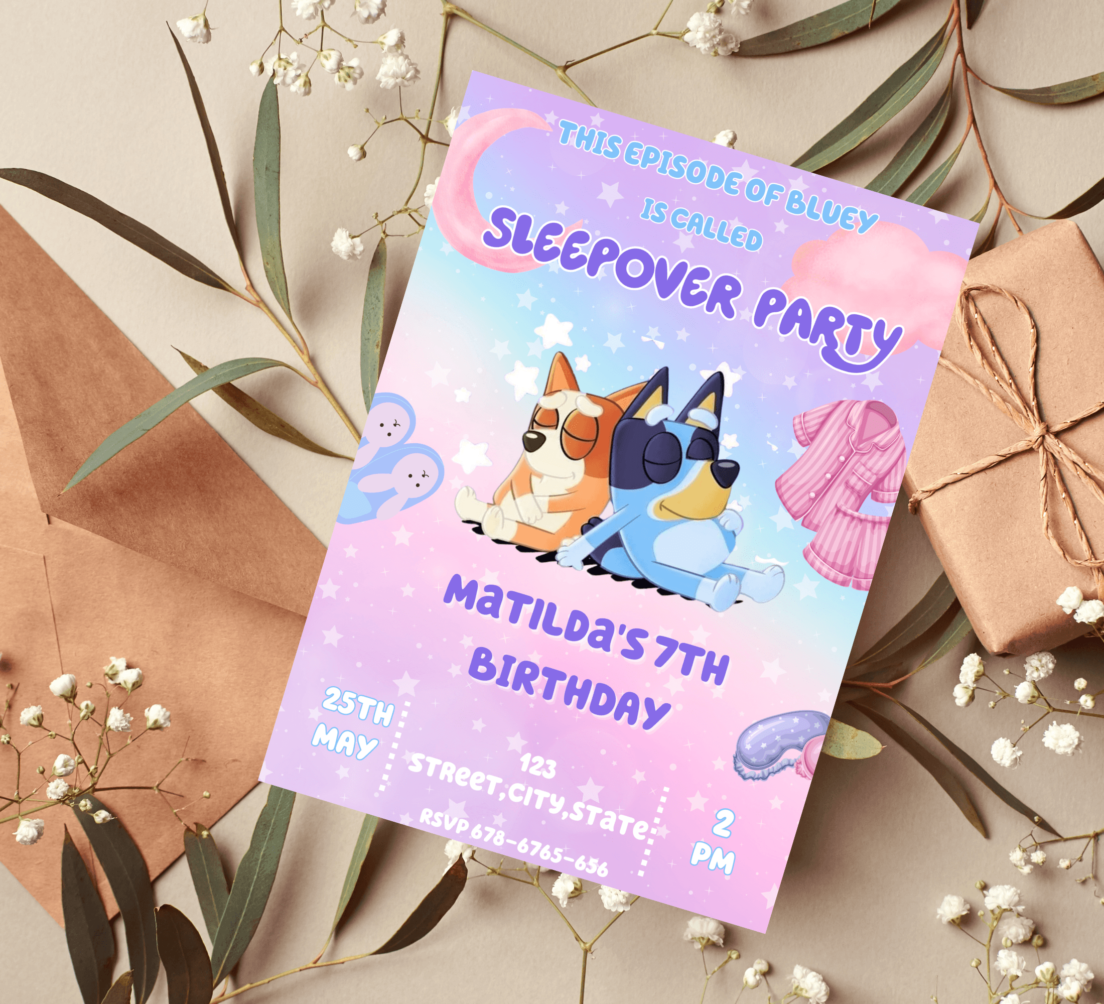 Bluey Sleepover Birthday Invitation | Heeler Dog Party Fun | Inspire Uplift