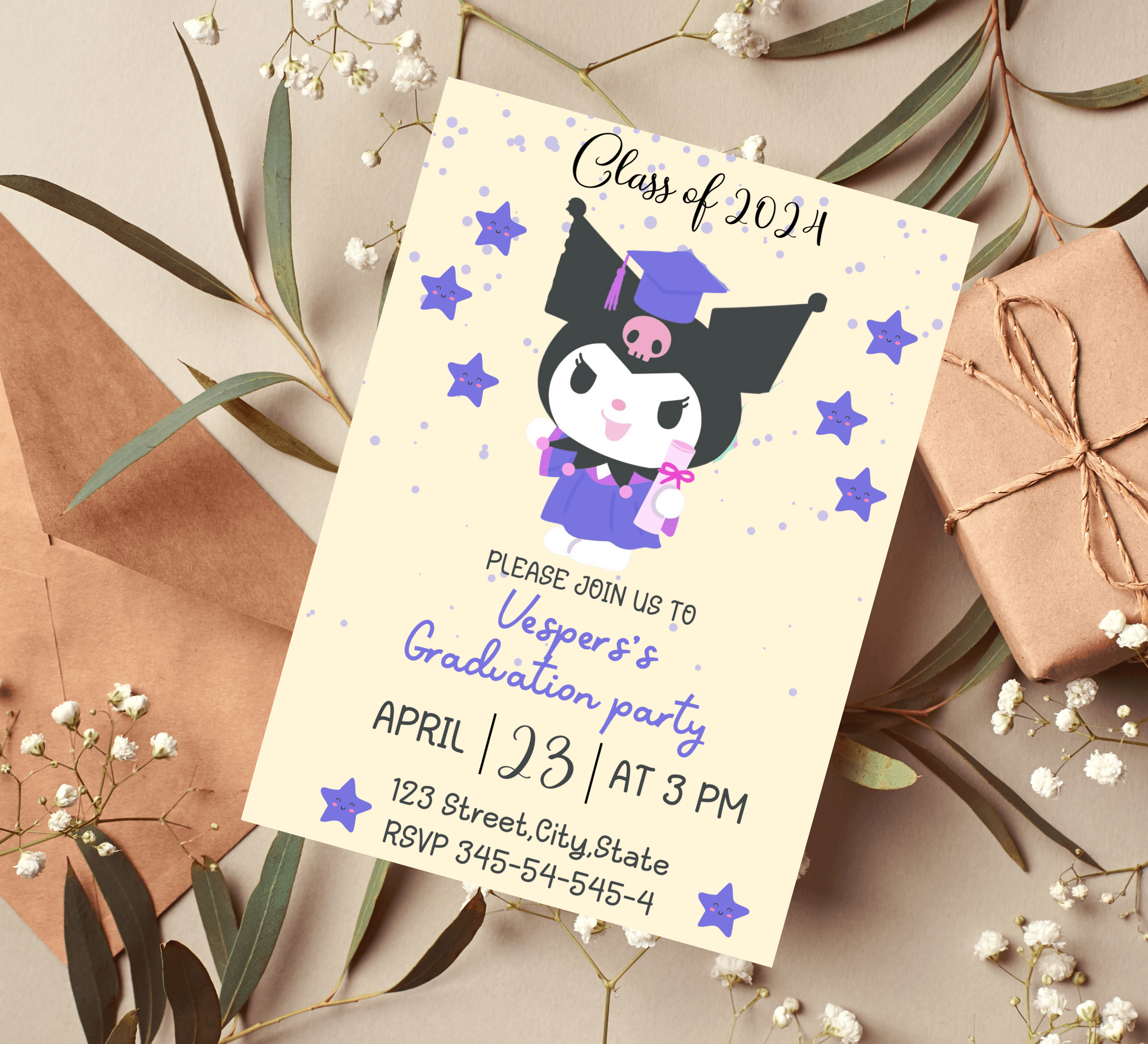 Kawaii Sanrio Kuromi Yellow & Purple Graduation Invitation | | Inspire ...