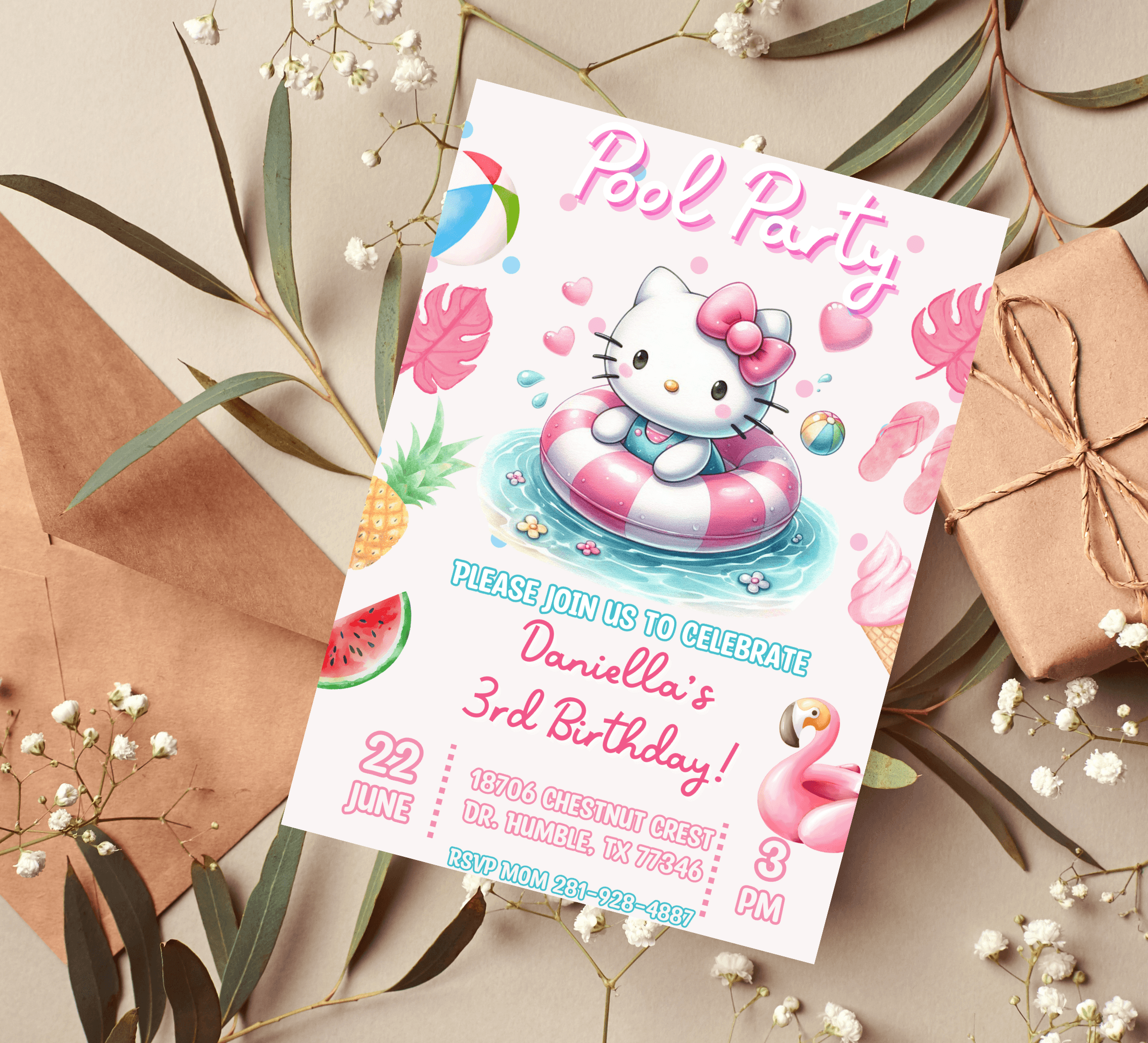 Hello Kitty Pink Watercolor Pool Birthday Invitation | Inspire Uplift
