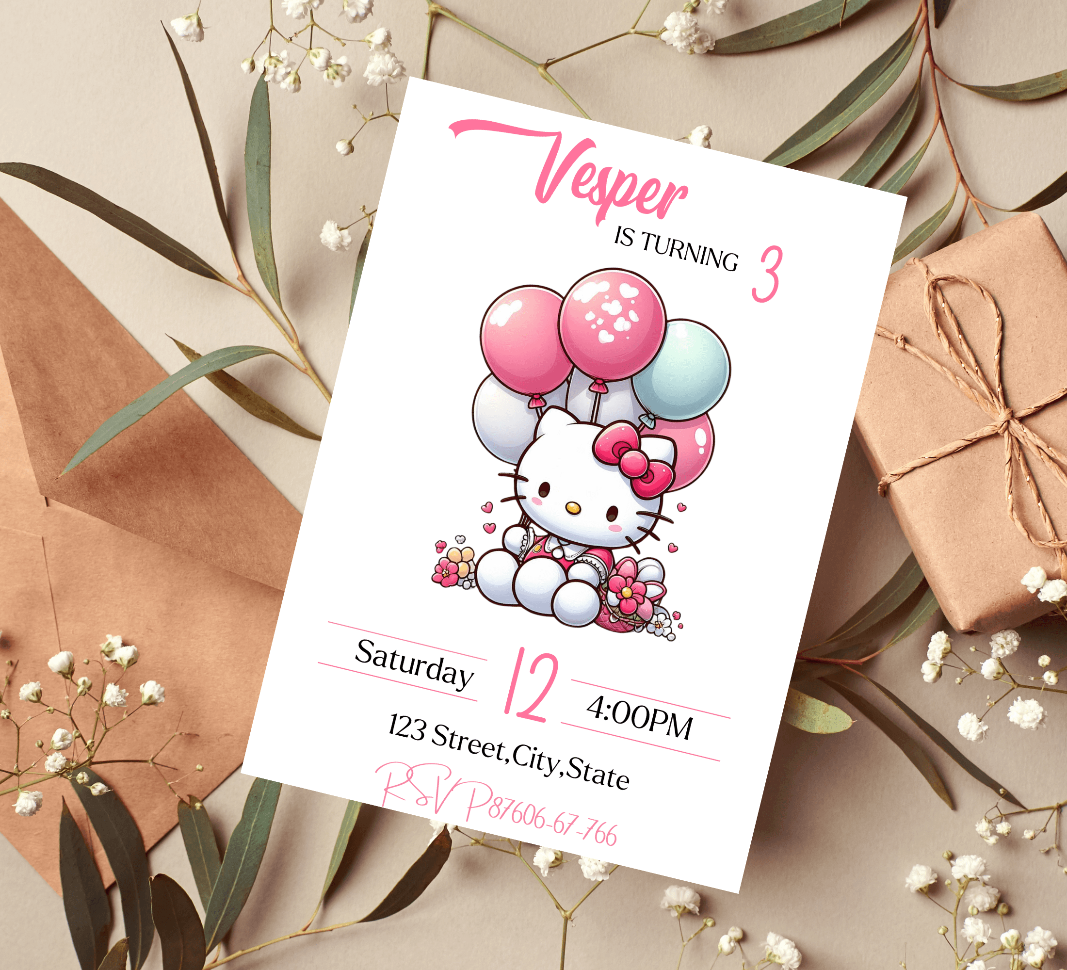 Hello Kitty Pink Simple Birthday Invitation | Adorable & Cus | Inspire ...
